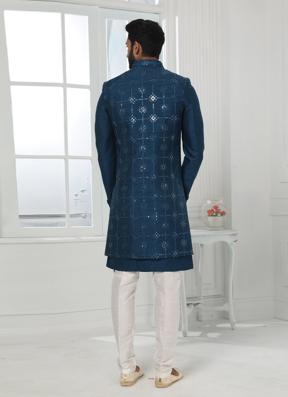 Blue Mehndi Art Silk Indo Western buy online - Mens Indo Western
