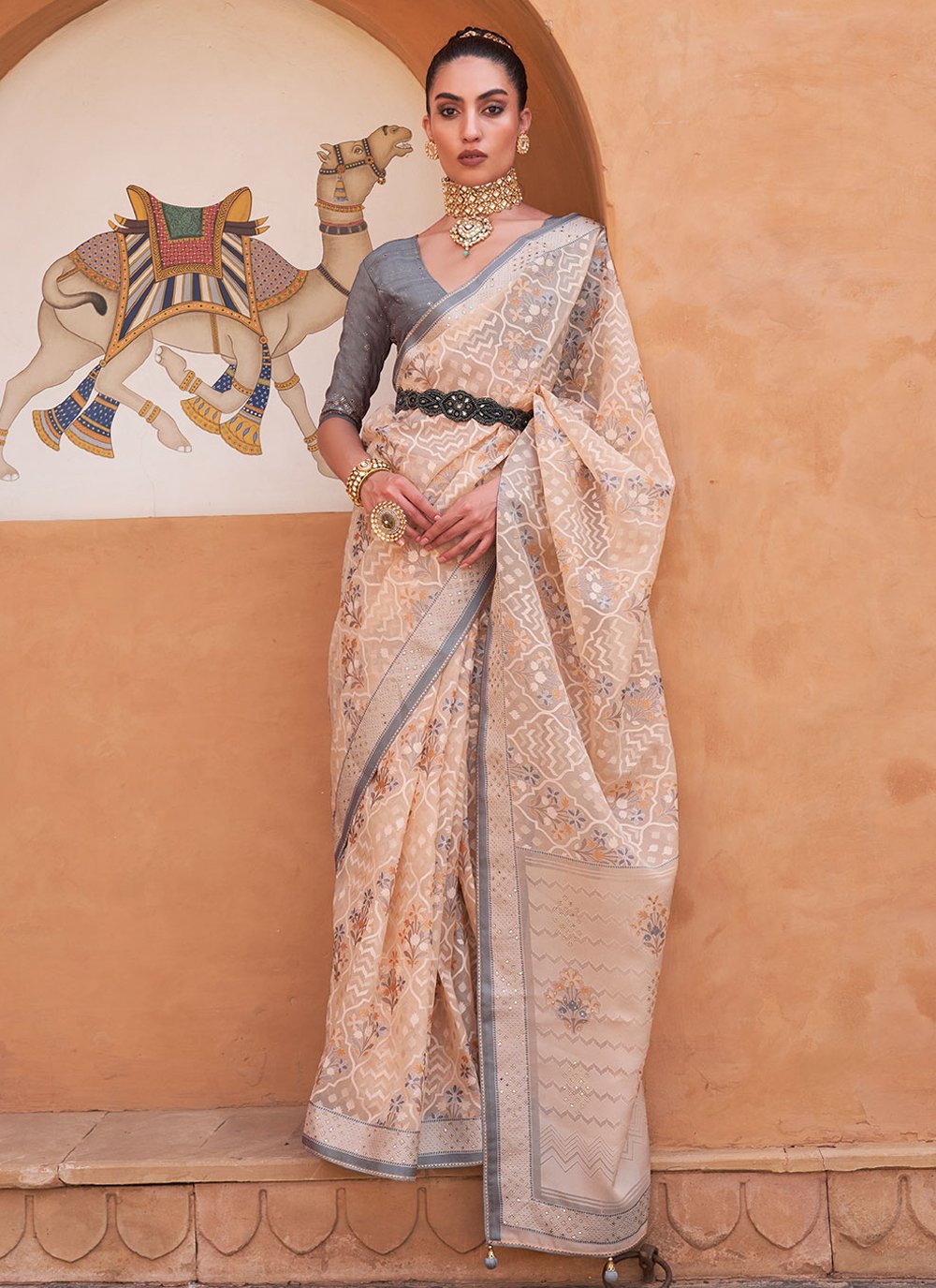 Buy Brasso Fancy Cream and Grey Designer Saree : 239117