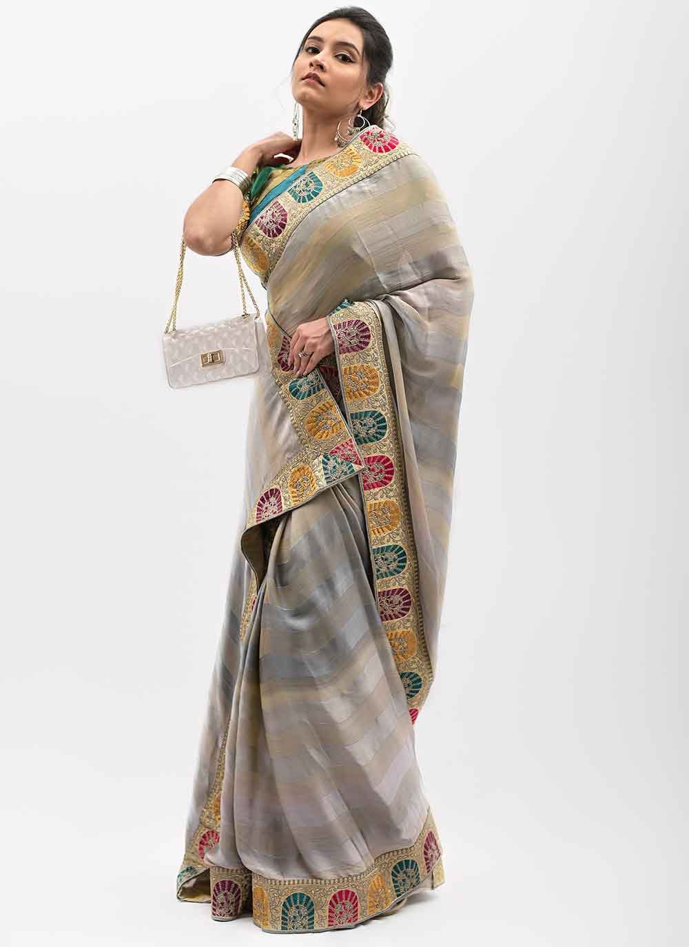 Shop Online Classic Saree Patch Border Satin in Grey : 212425