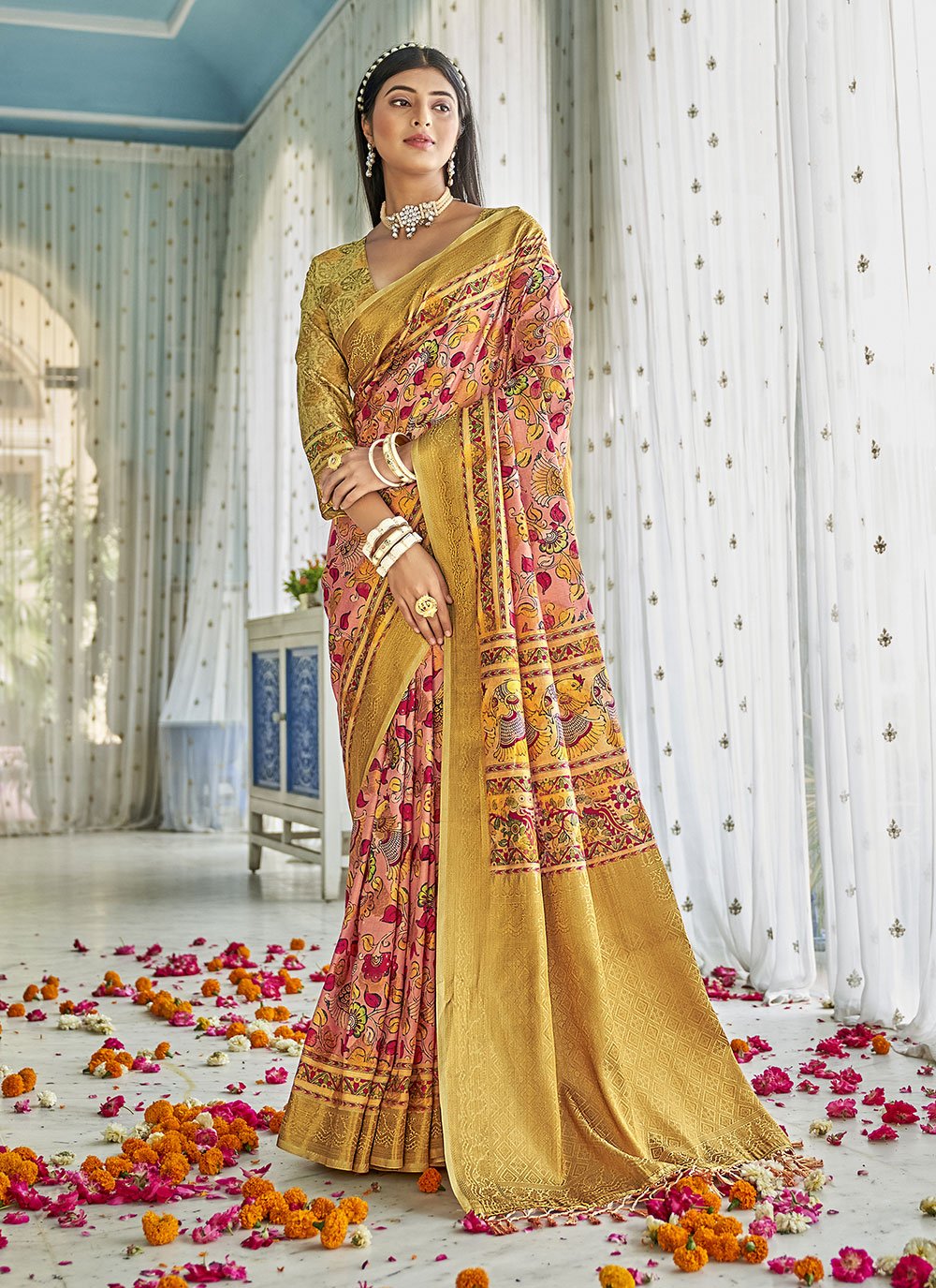 Shop Digital Print Gold and Pink Trendy Saree Online : 225795