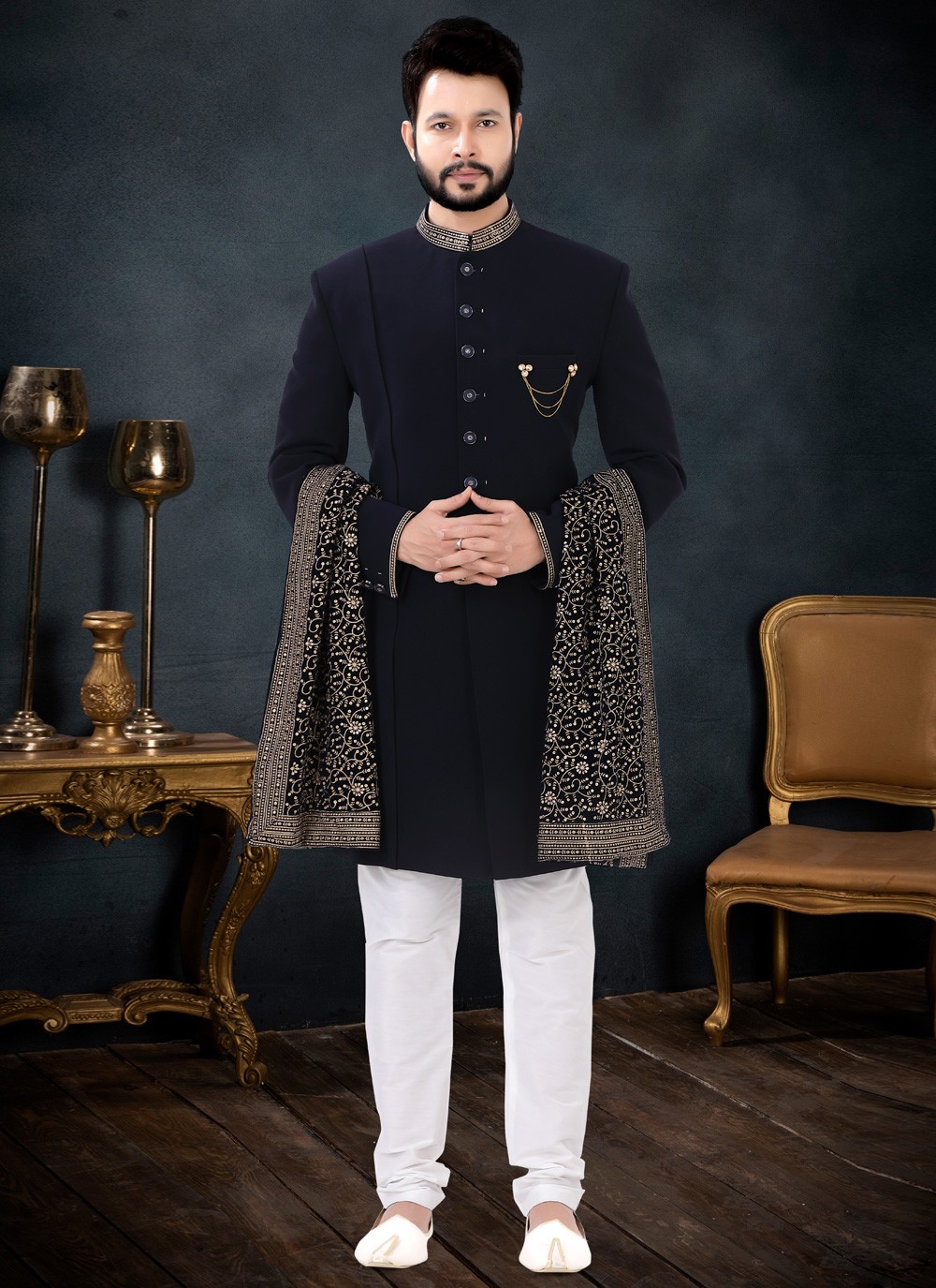 Shop Fancy Fabric Embroidered Blue Indo Western Sherwani Online : 244212