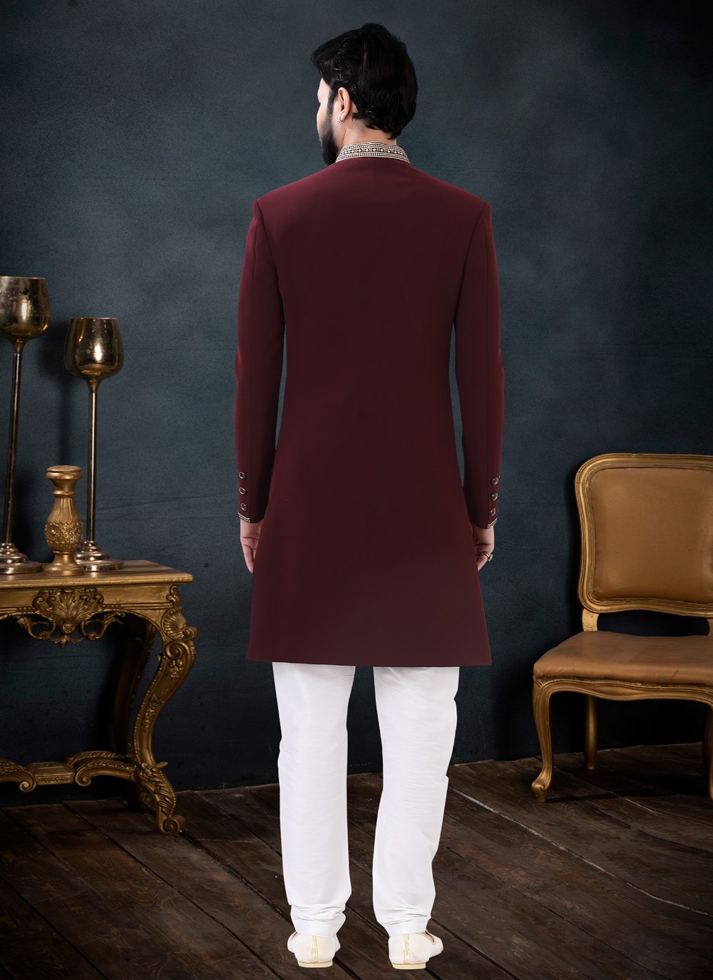 Buy Fancy Fabric Maroon Indo Western Sherwani Online : 244213