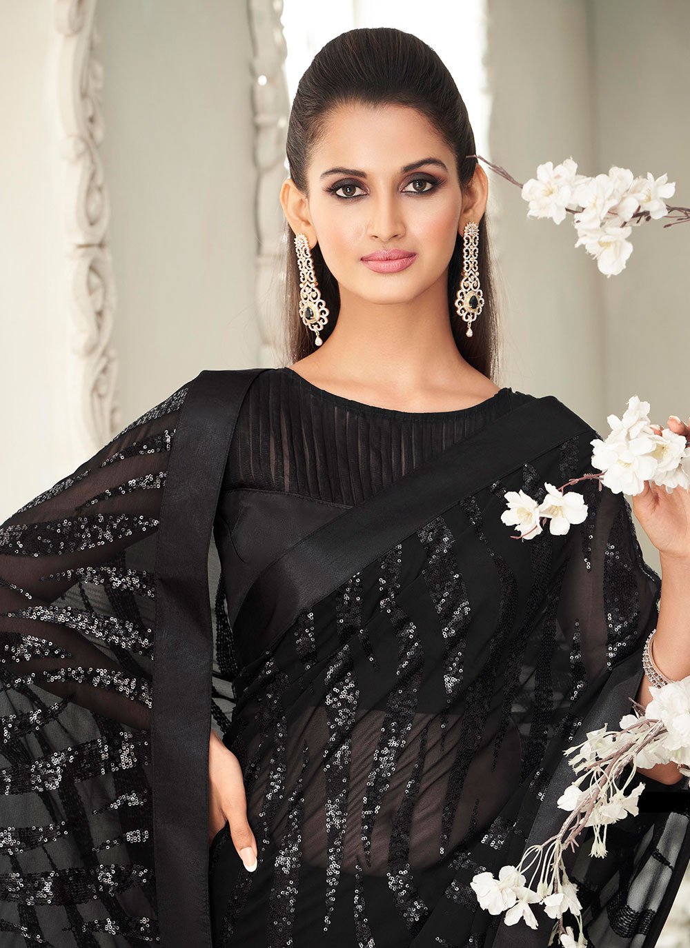 Buy Online Fancy Georgette Black Designer Saree : 233967