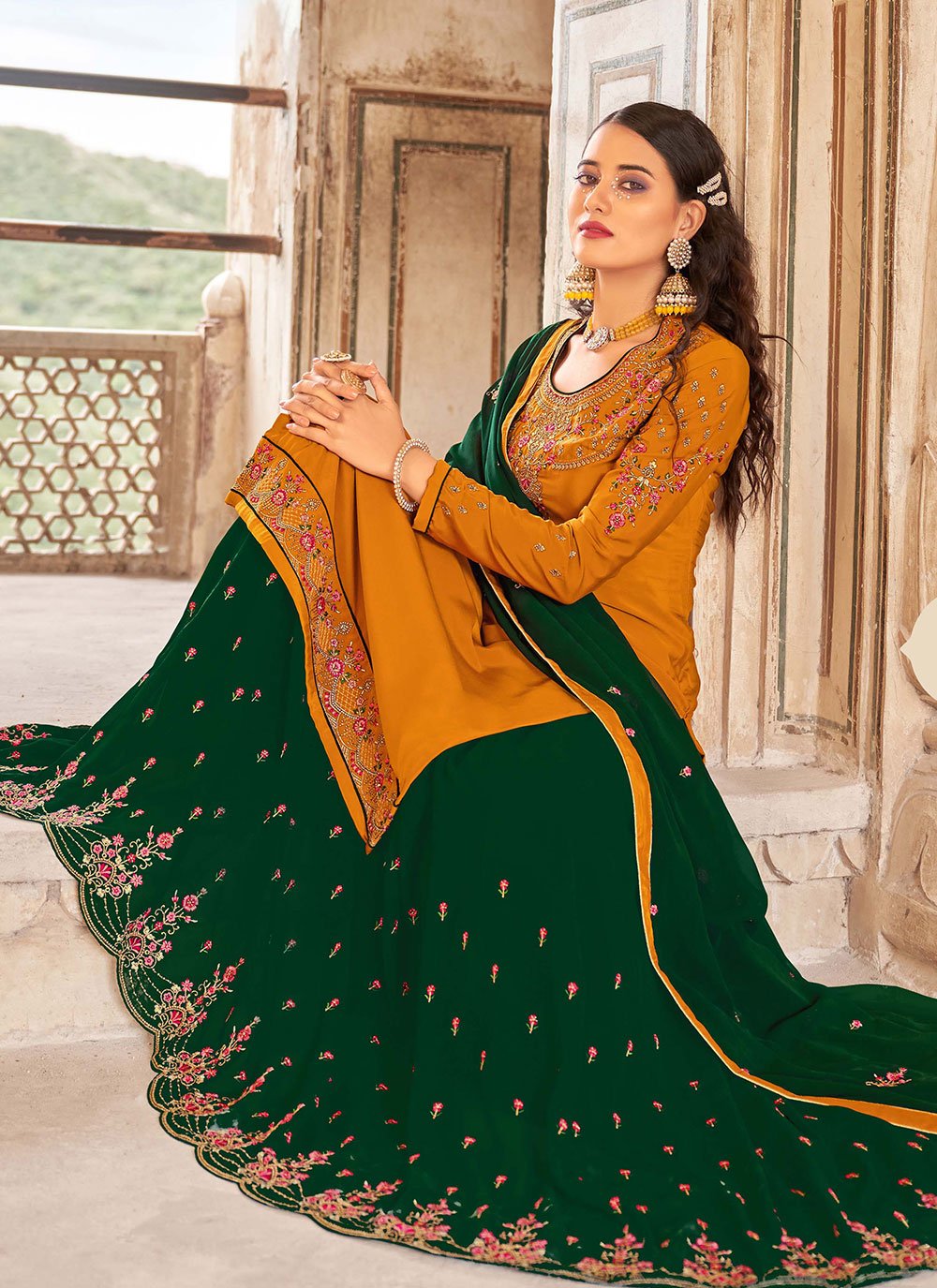 Buy Faux Crepe Mustard Embroidered Trendy Lehenga Choli Online