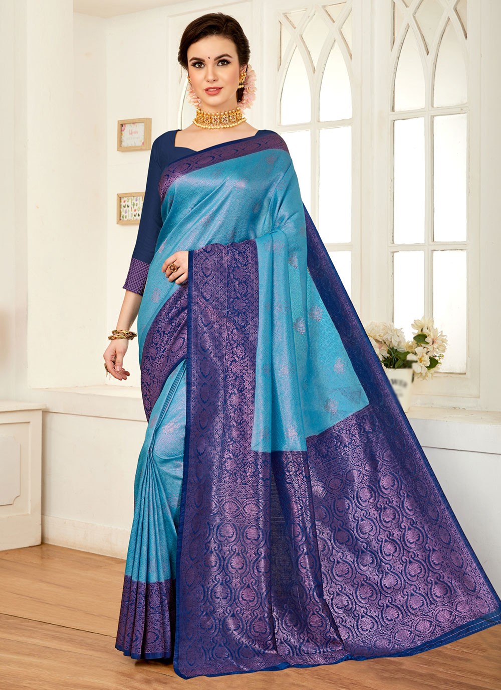 Buy Firozi Zari Contemporary Style Saree Online : 242451