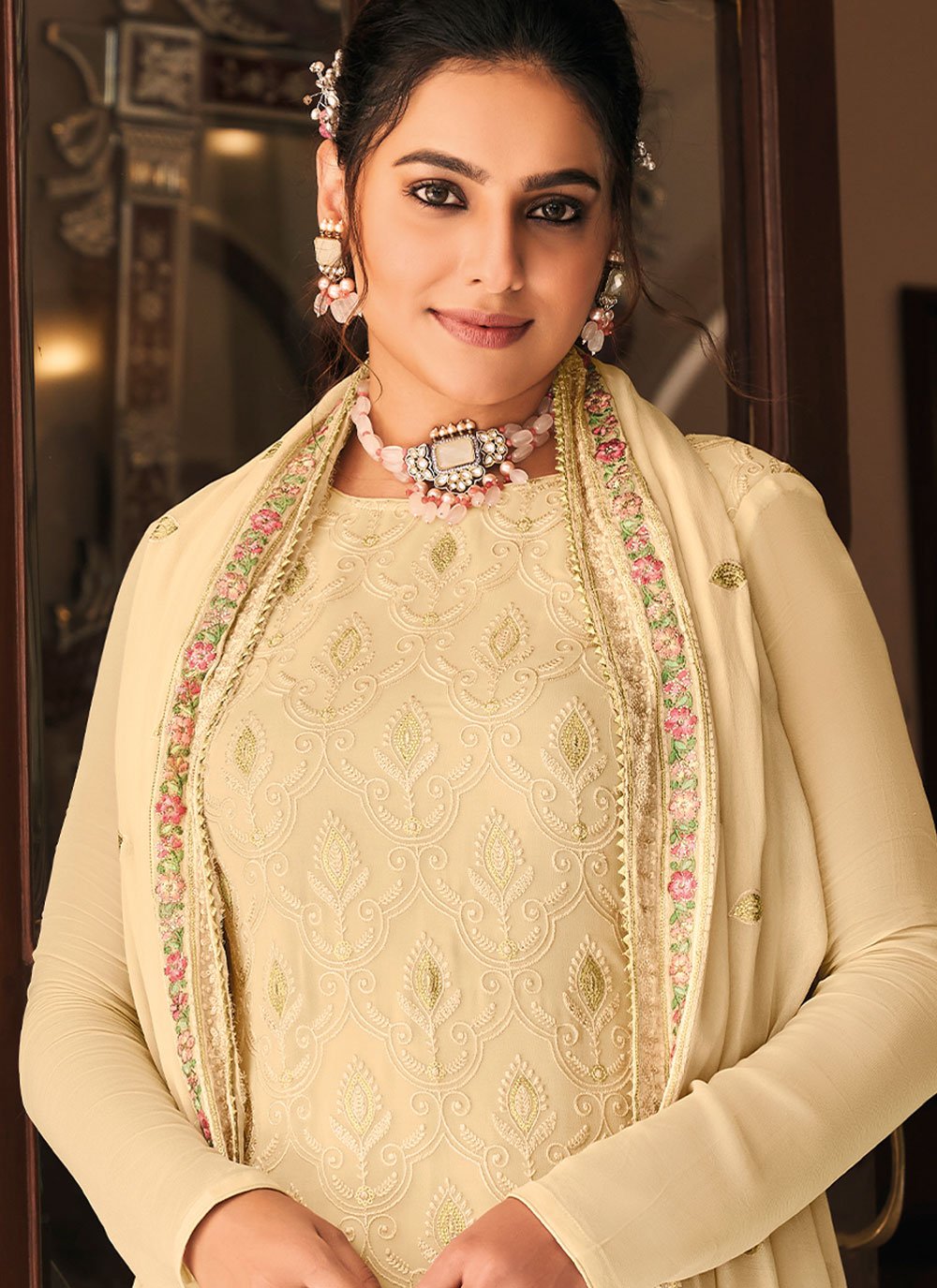 Shop Online Georgette Cream Embroidered Salwar Suit : 231758