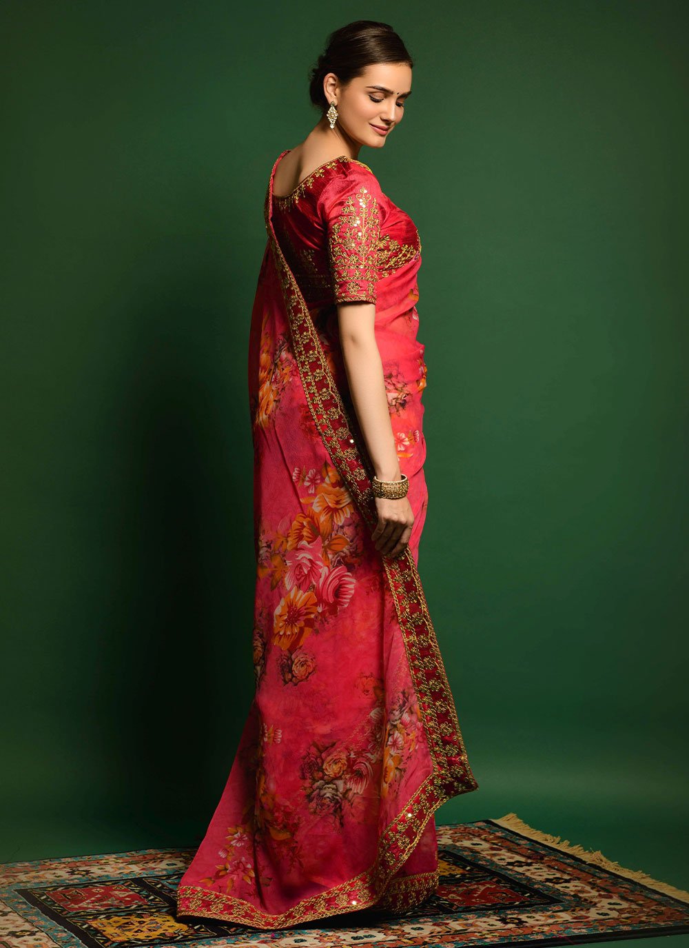 Buy Georgette Rose Pink Printed Saree : 236998