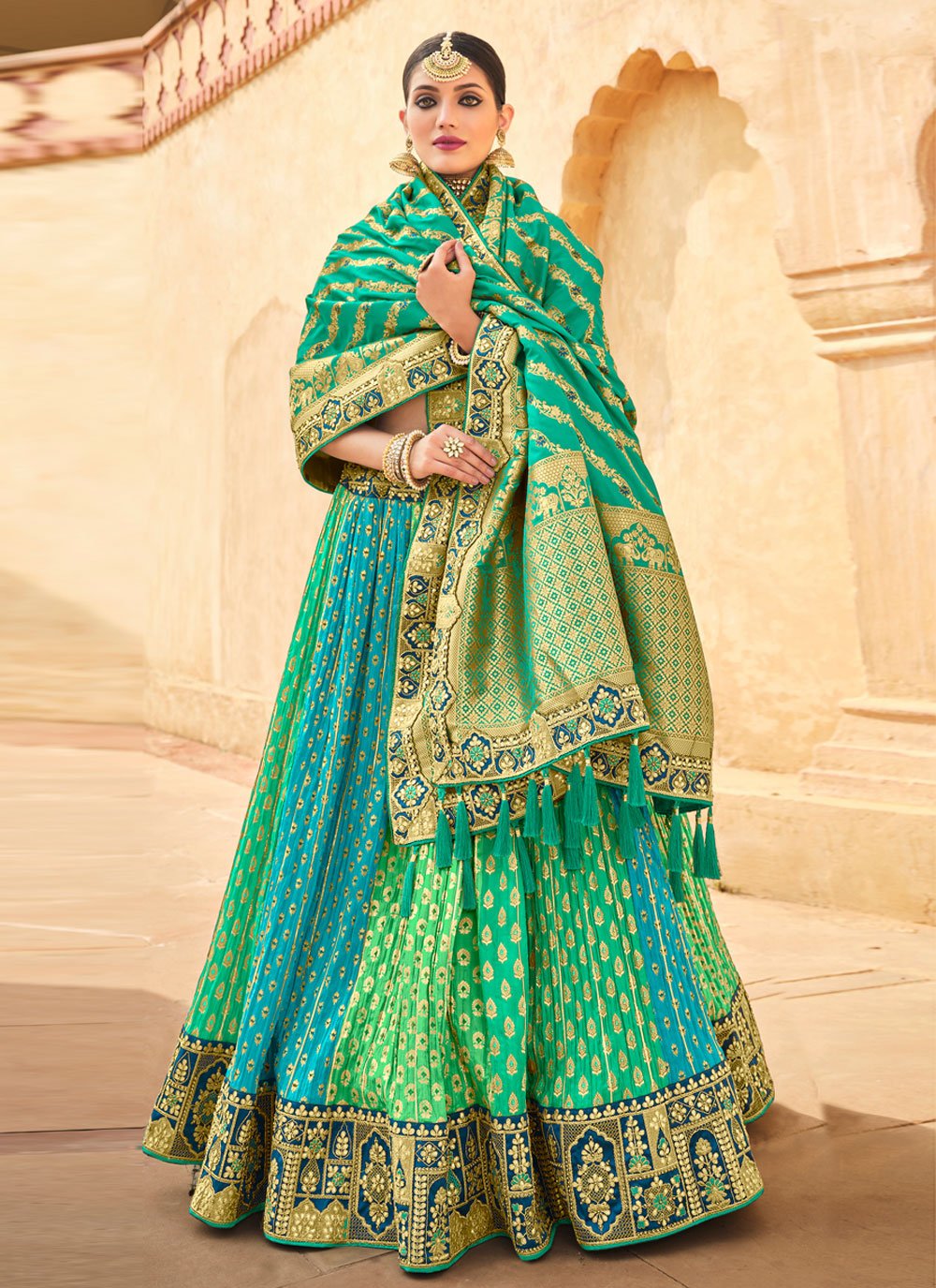 Shop Green Resham Wedding Lehenga Choli Online : 215193