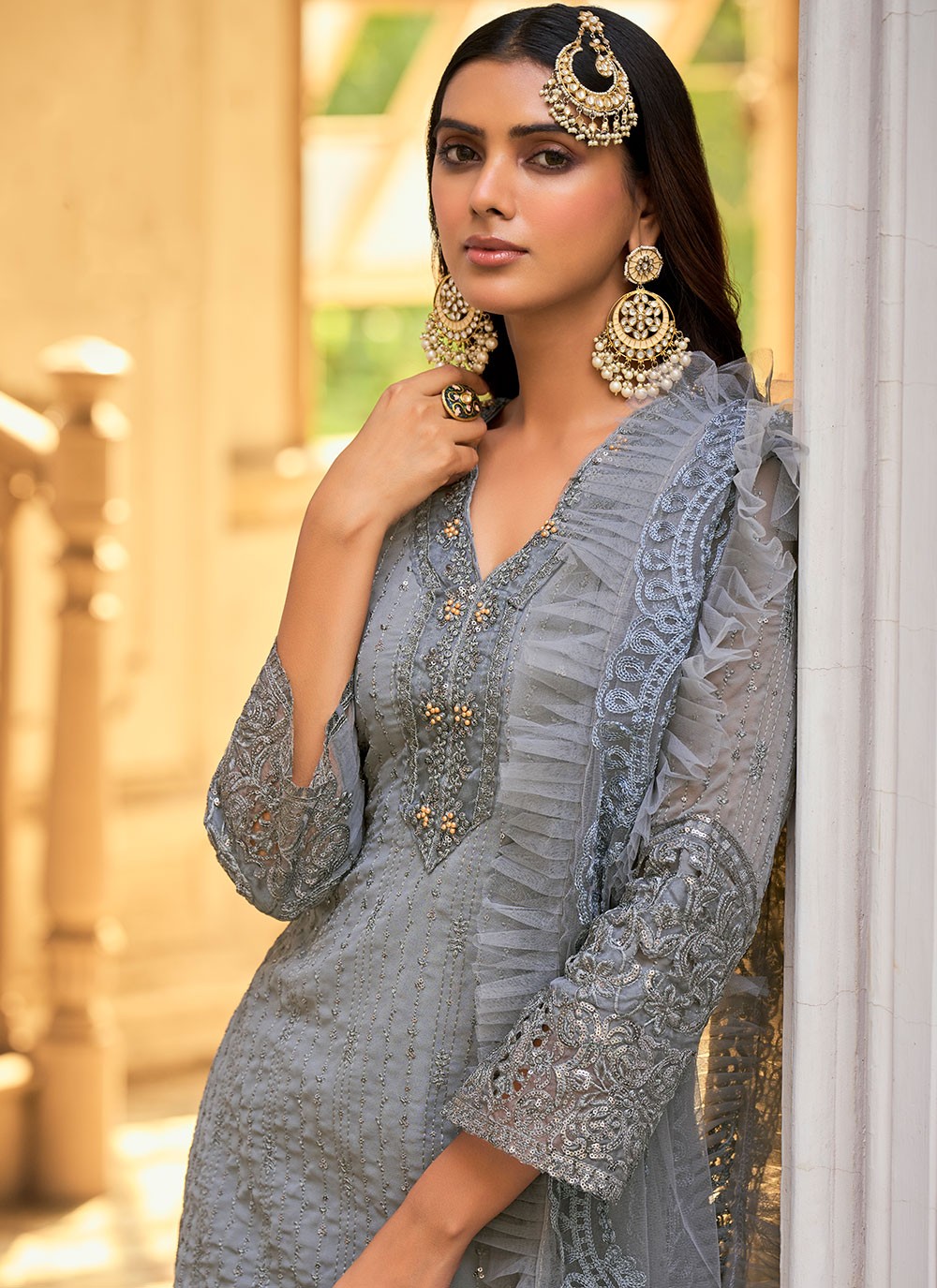 Buy Online Grey Lace Pant Style Suit : 244063