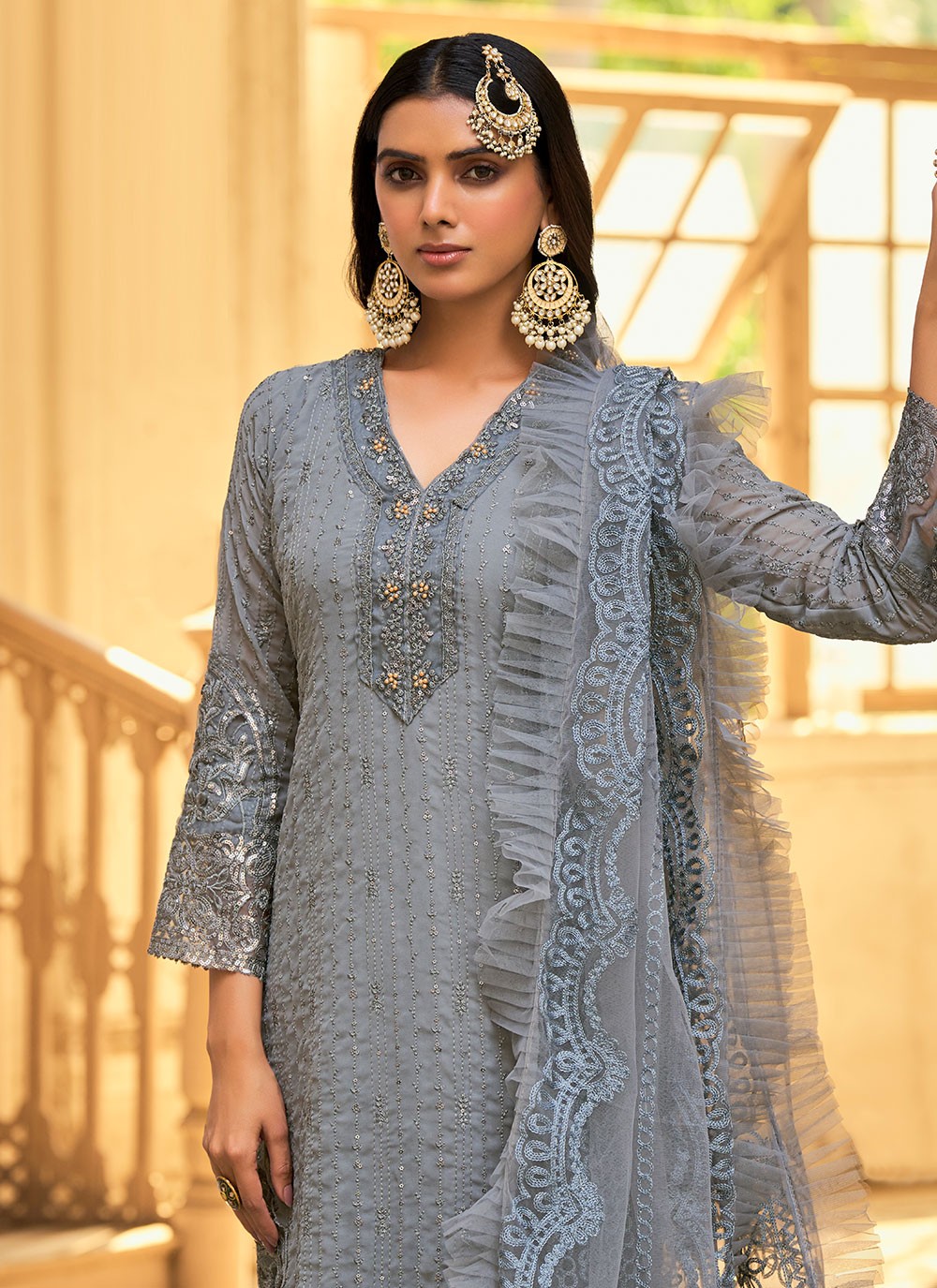 Buy Online Grey Lace Pant Style Suit : 244063