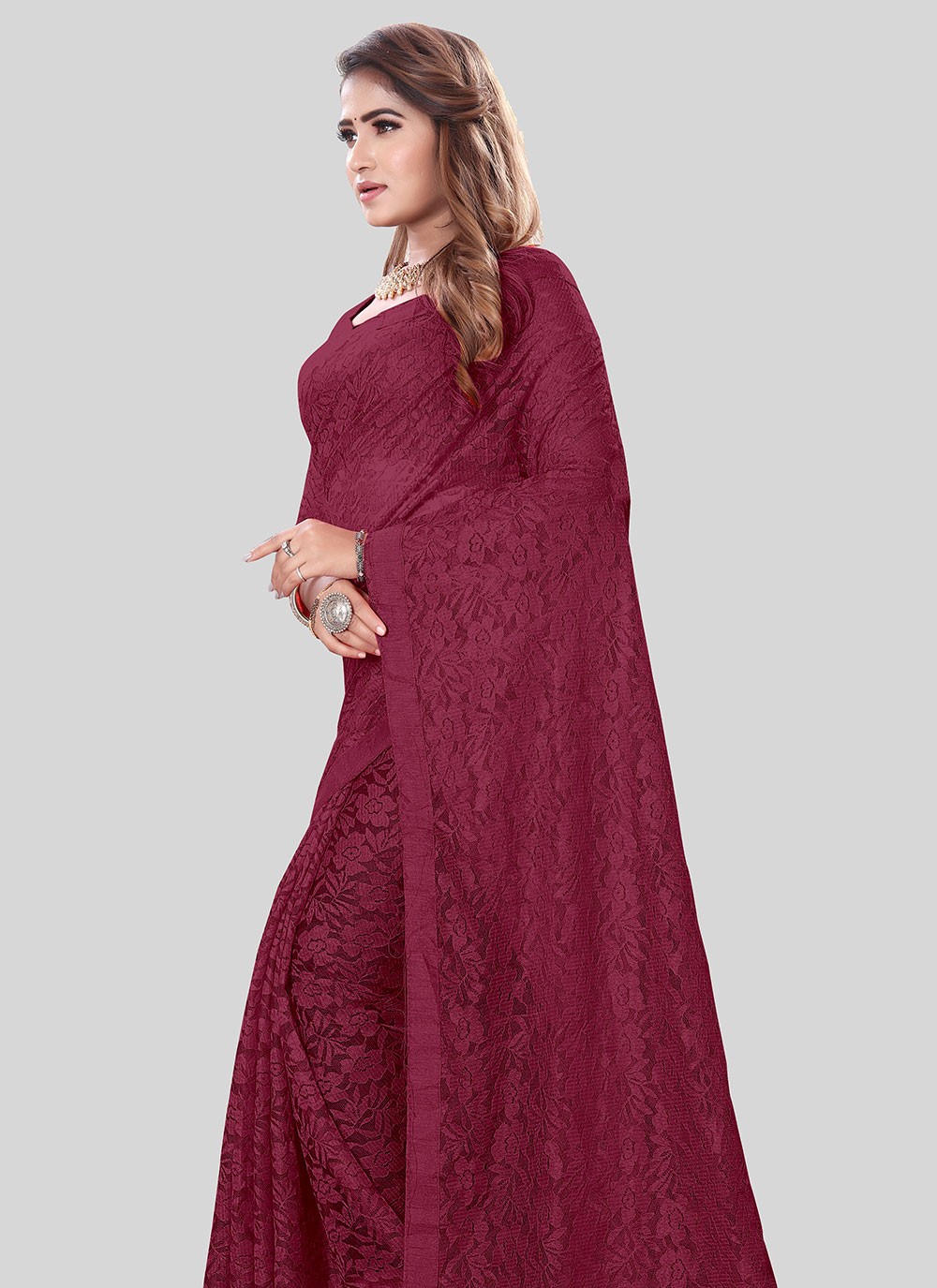 Shop Maroon Embroidered Net Designer Saree Online : 224385