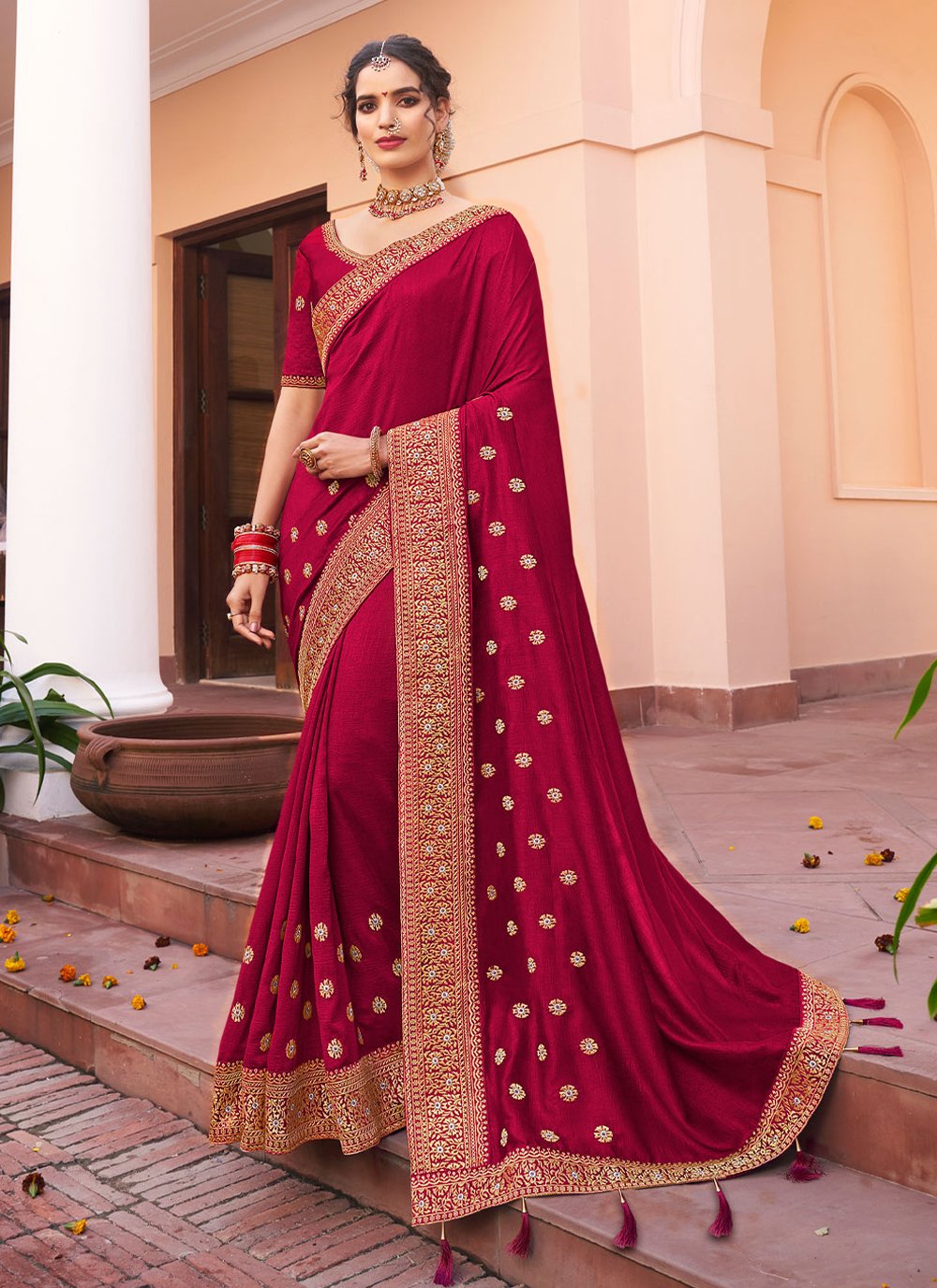 Buy Maroon Lace Vichitra Silk Trendy Saree Online : 235023