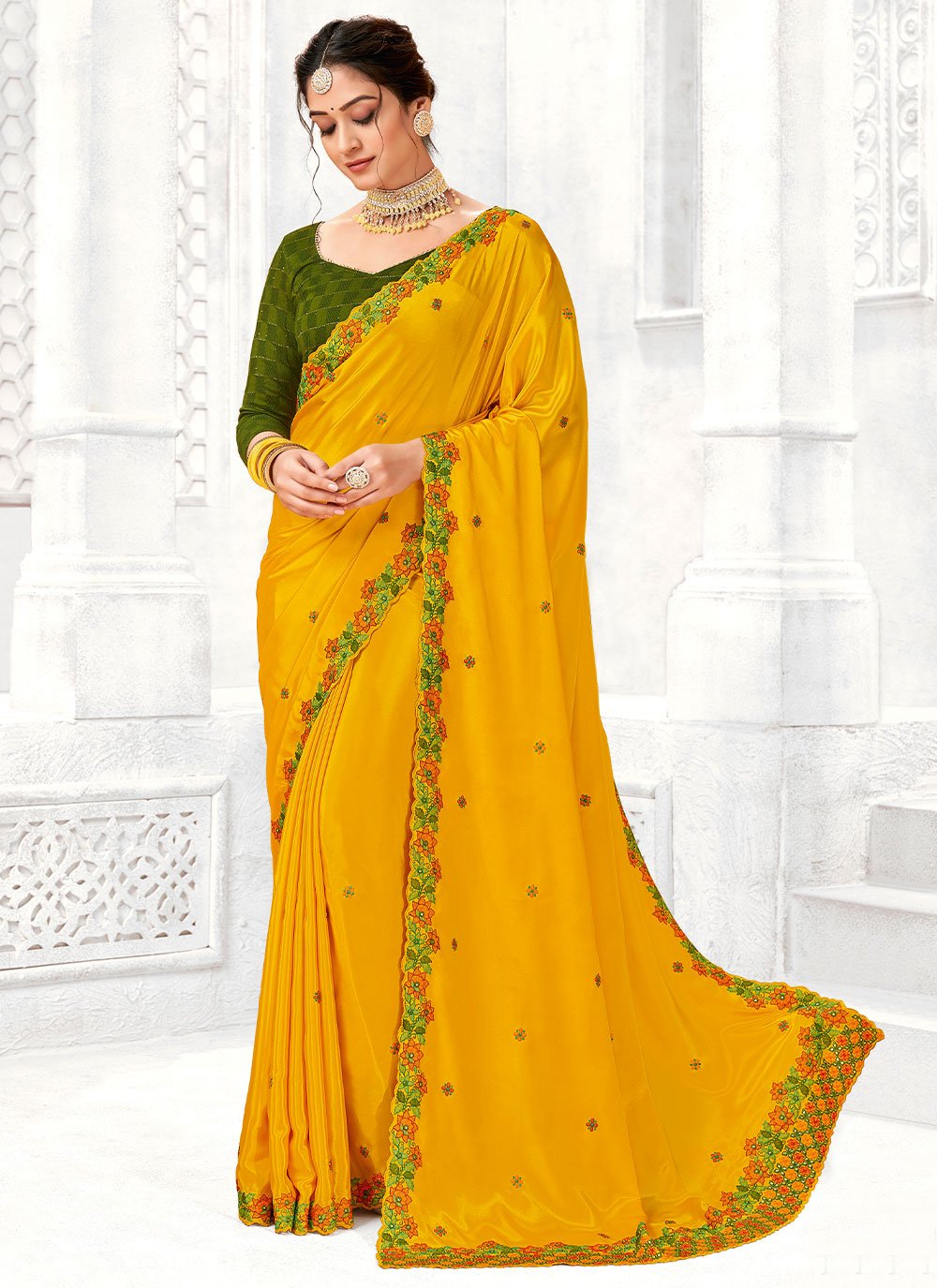 Mustard Polyester Contemporary Saree buy online