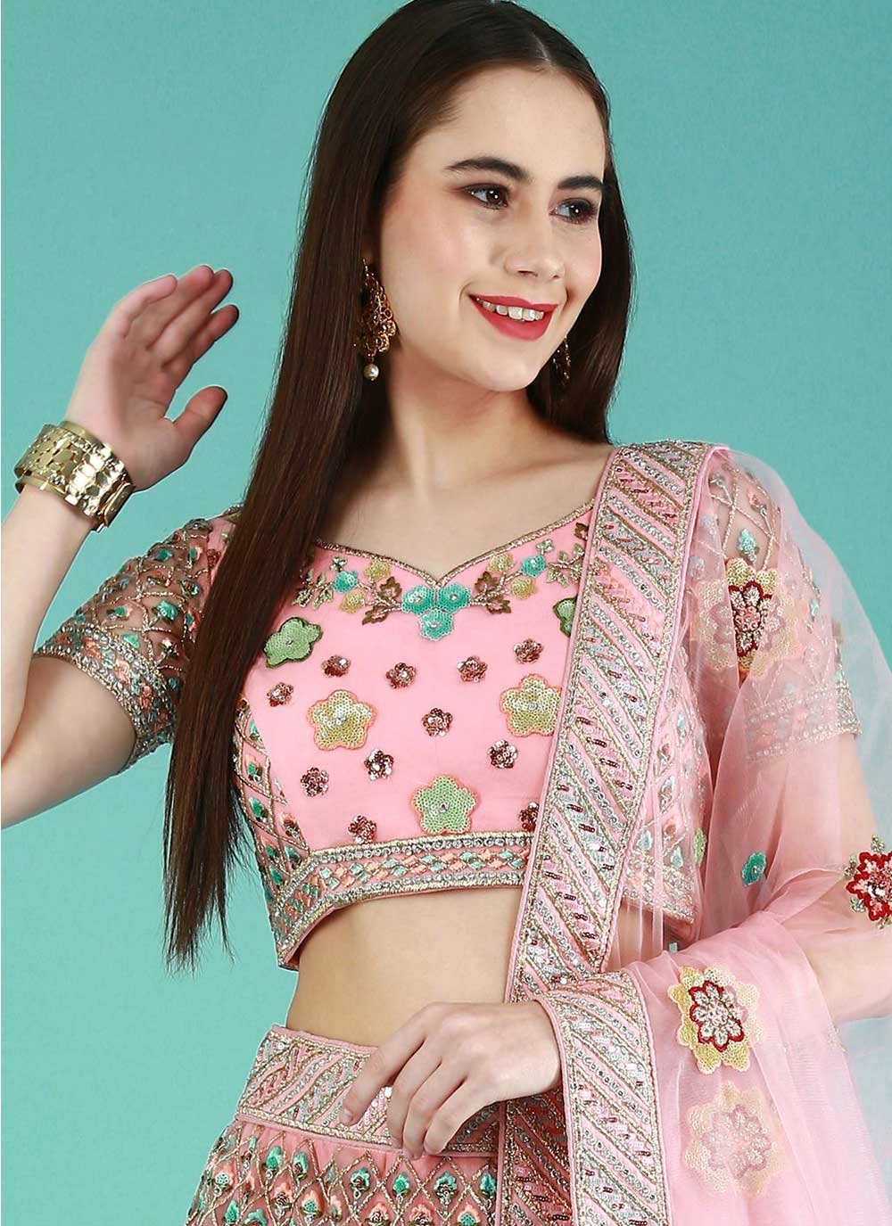 Buy Online Net Embroidered Pink Lehenga Choli : 242798