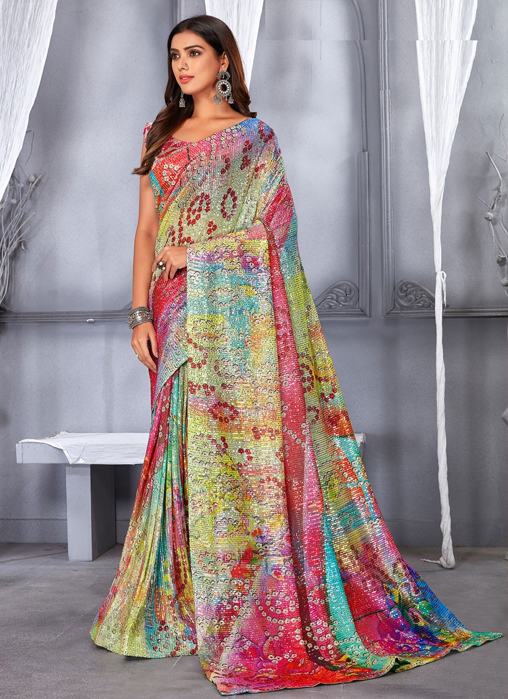 Shop Net Multi Colour Sequins Classic Saree Online : 243393