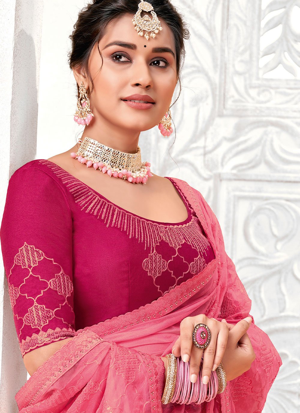 Buy Online Nylon Pink Contemporary Style Saree : 242550