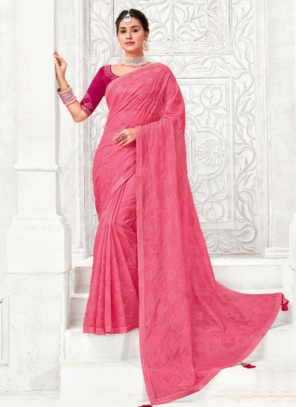 Buy Online Nylon Pink Contemporary Style Saree : 242550