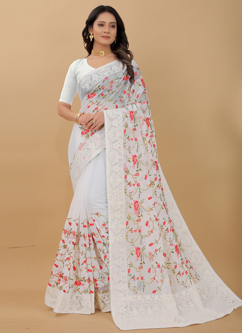 Buy Off White Nylon Contemporary Style Saree Online : 243161