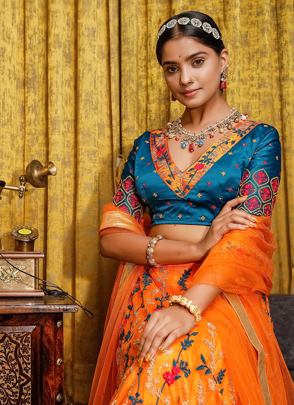 Orange Reception Net Lehenga Choli buy online
