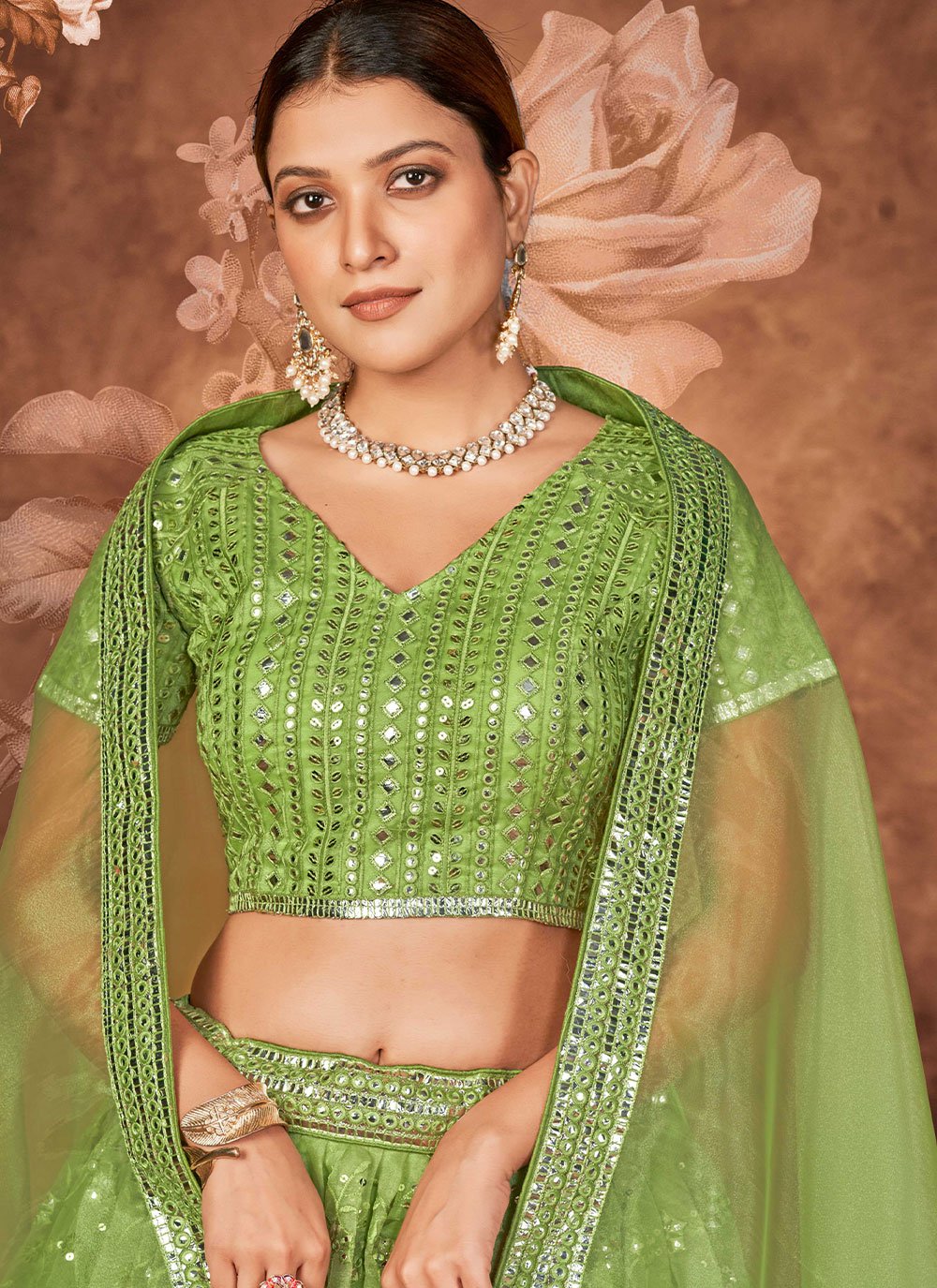 Buy Organza Sequins Green A Line Lehenga Choli Online : 241802
