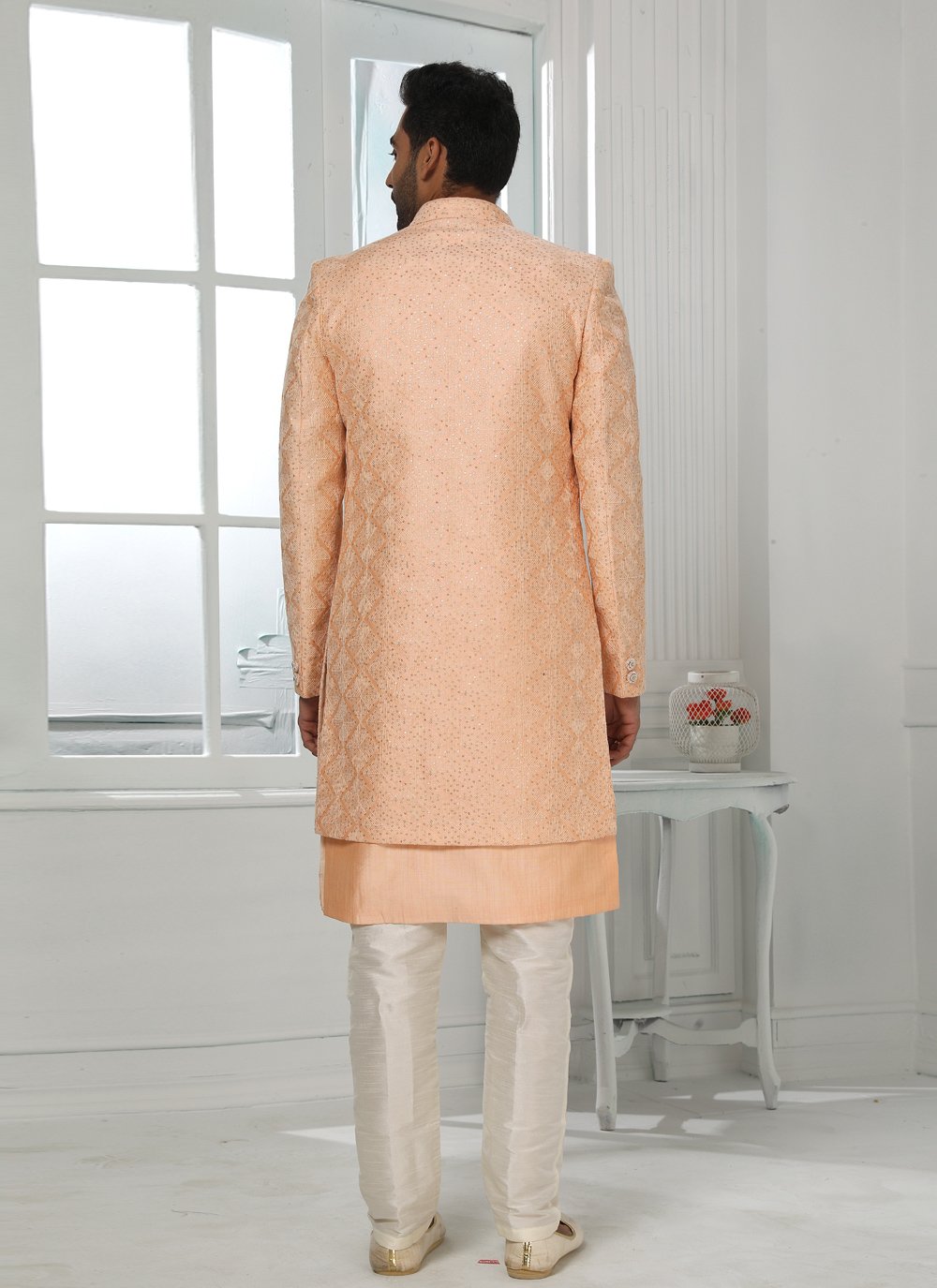 Shop Online Peach Art Silk Machine Embroidery Indo Western : 237647