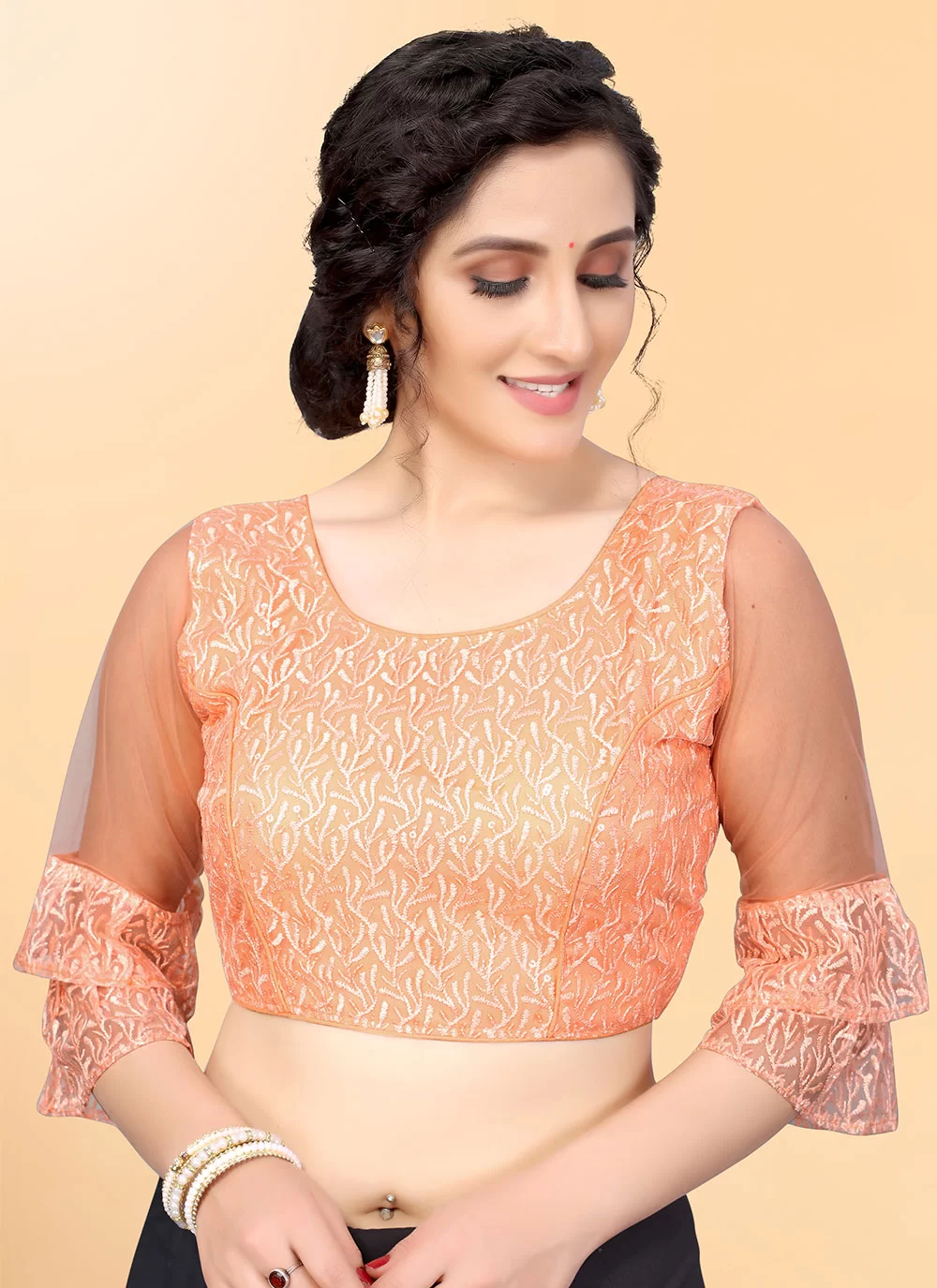 Peach Embroidered Net Blouse buy online