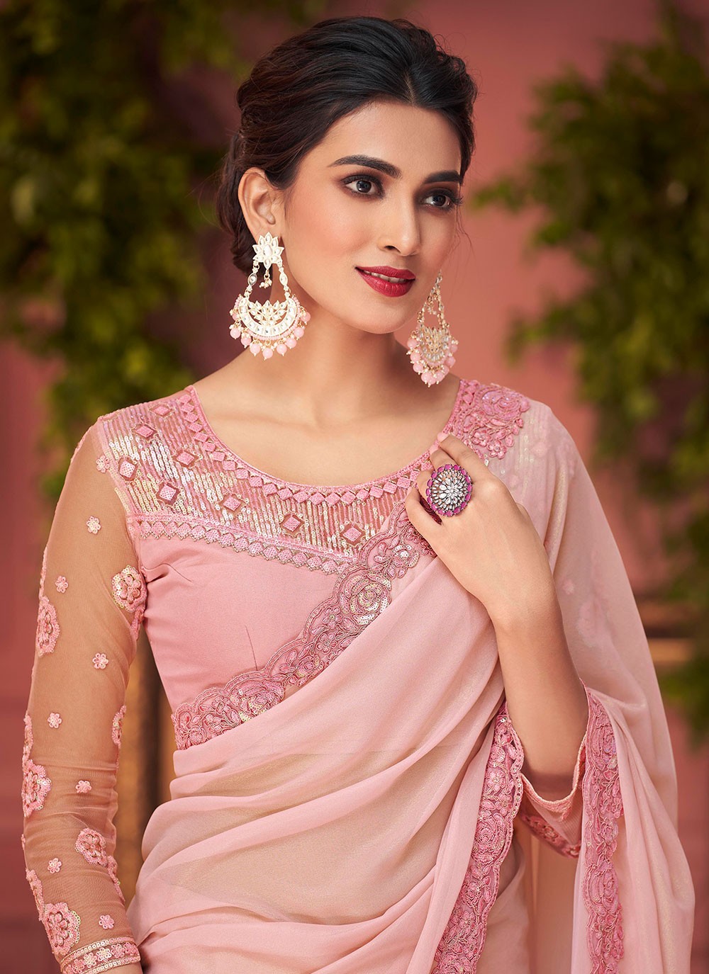 Buy Pink Georgette Lace Designer Saree Online : 240063