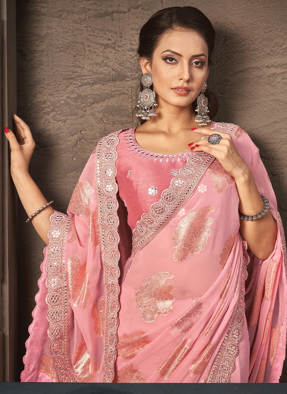Shop Online Pink Georgette Wedding Contemporary Saree : 239754