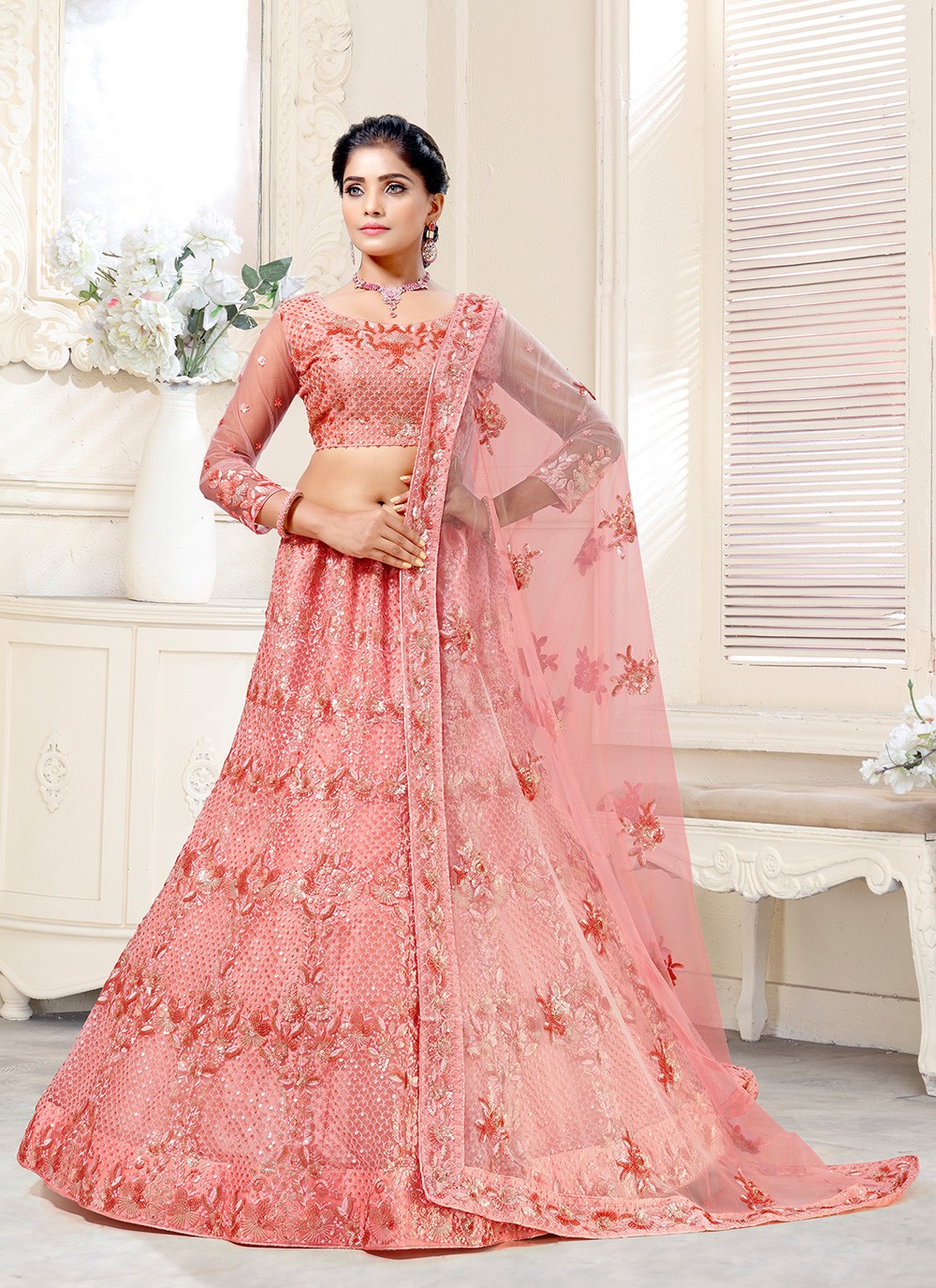 Shop Online Pink Net Lehenga Choli : 209599