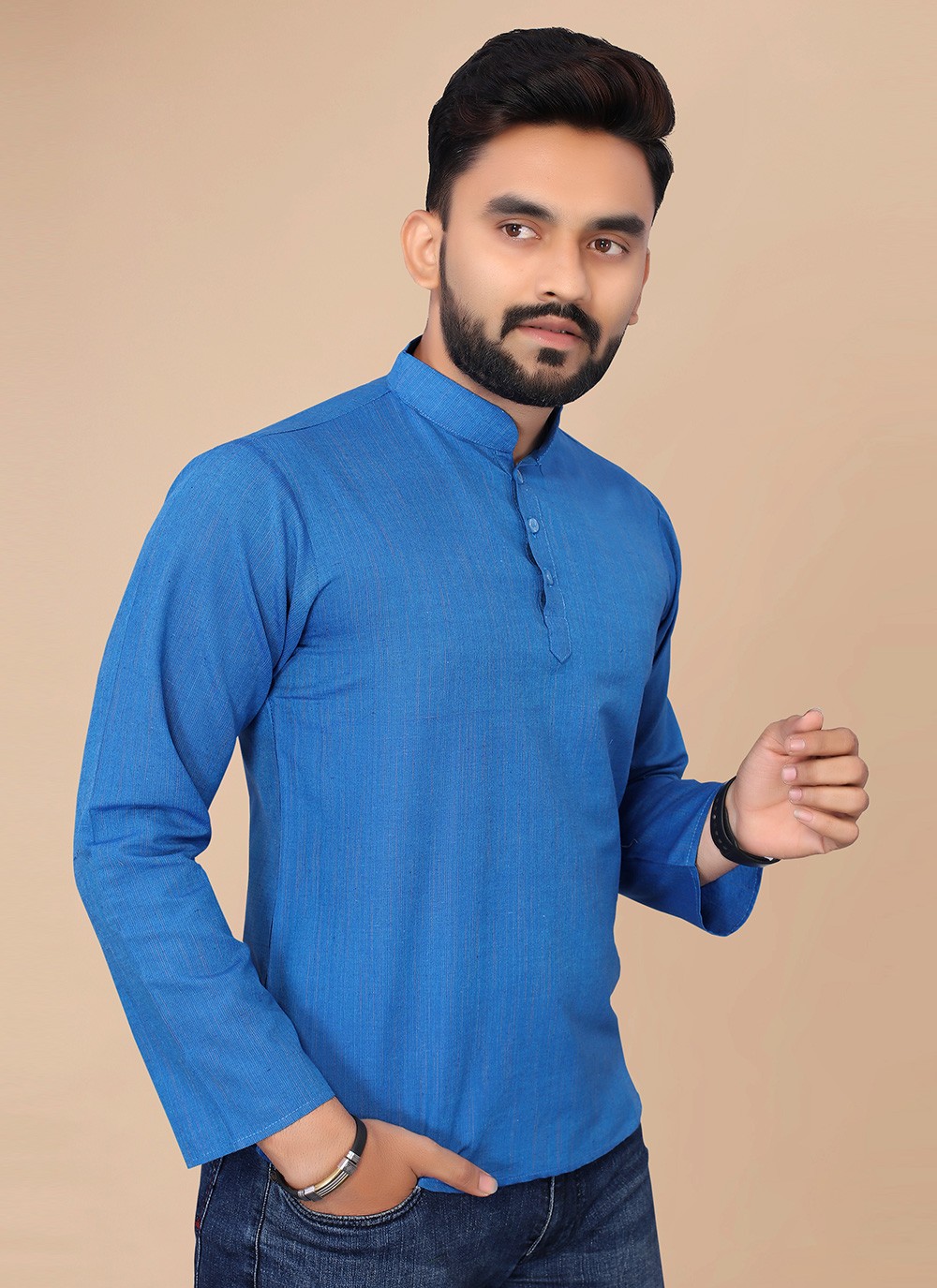 Buy Online Plain Cotton Short Kurta in Blue : 232276