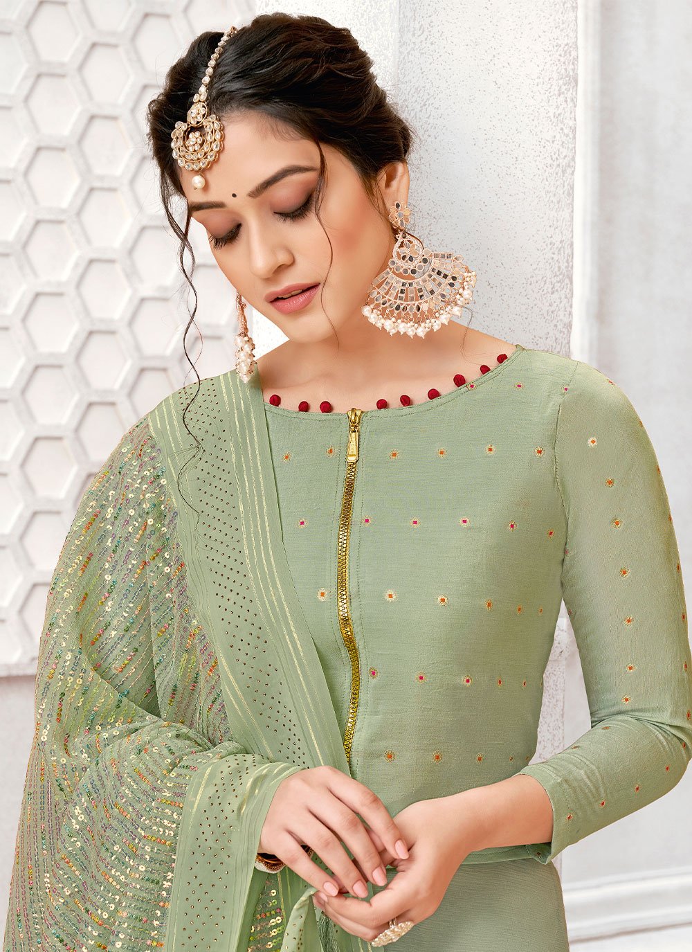 Shop Online Polyester Embroidered Saree in Sea Green : 242545