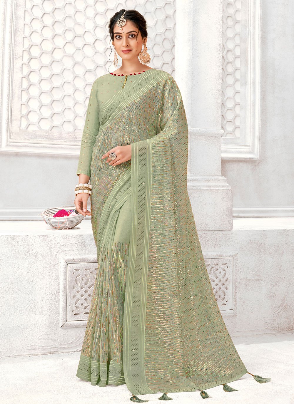 Shop Online Polyester Embroidered Saree in Sea Green : 242545
