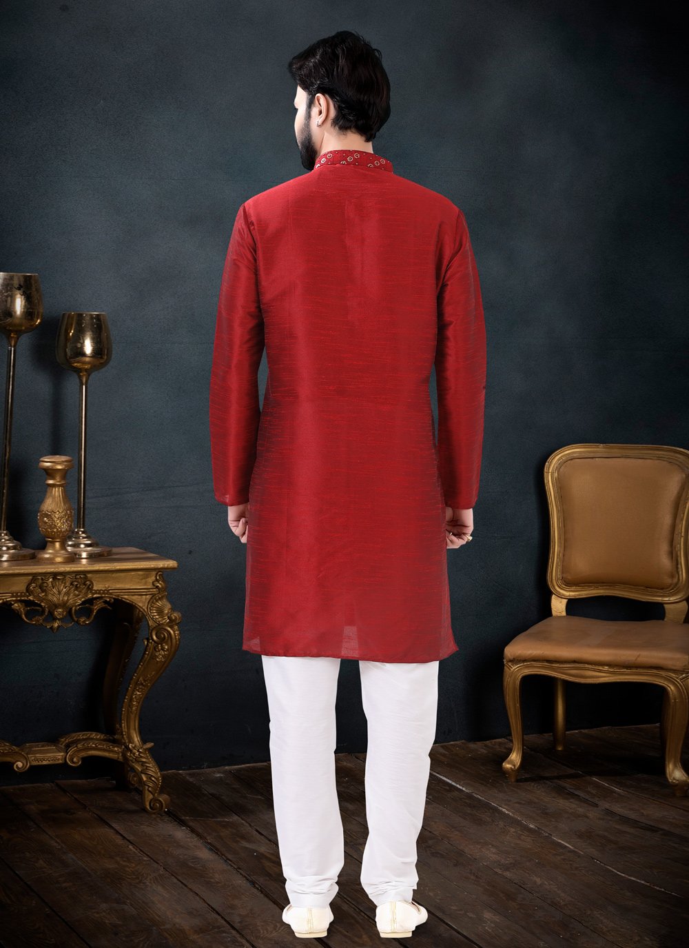 Buy Red Patch Border Engagement Kurta Pyjama Online