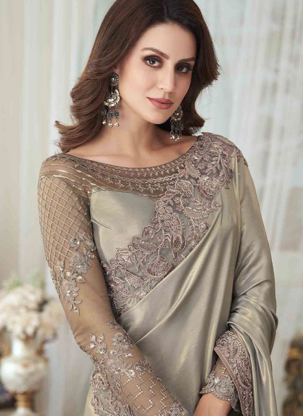 Saree Embroidered Silk in Silver buy online