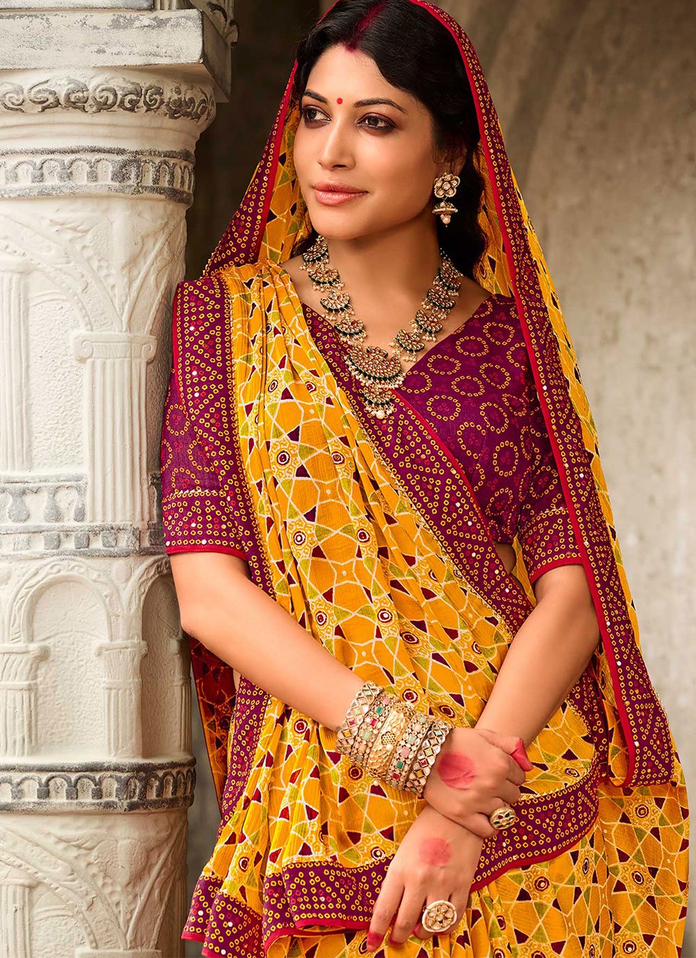 Buy Online Saree Printed Faux Chiffon in Mustard : 234591