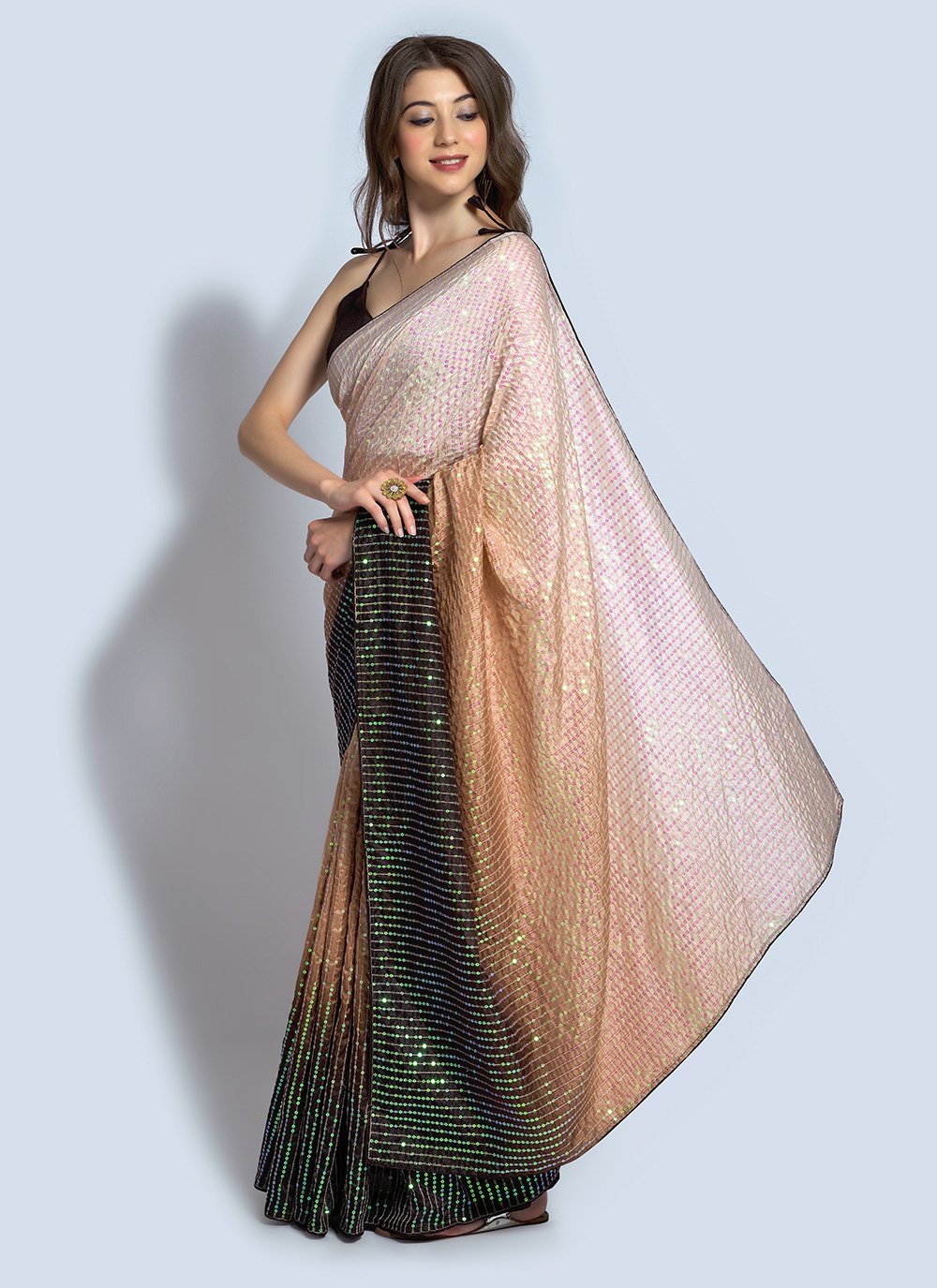 Shop Sequins Georgette Brown and Peach Shaded Saree Online : 244490