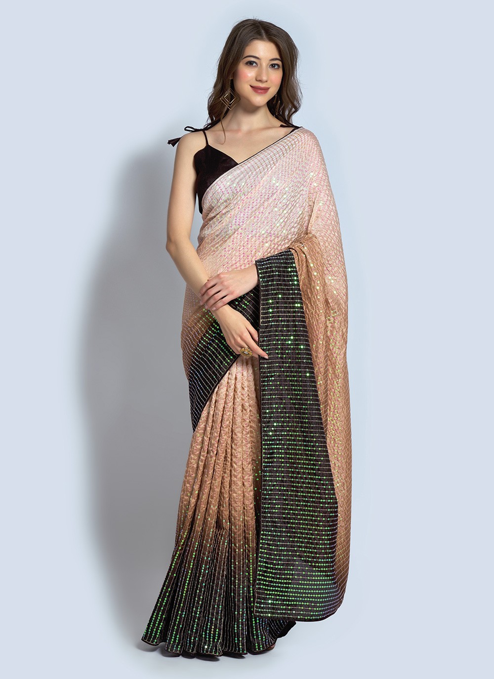 Shop Sequins Georgette Brown and Peach Shaded Saree Online : 244490