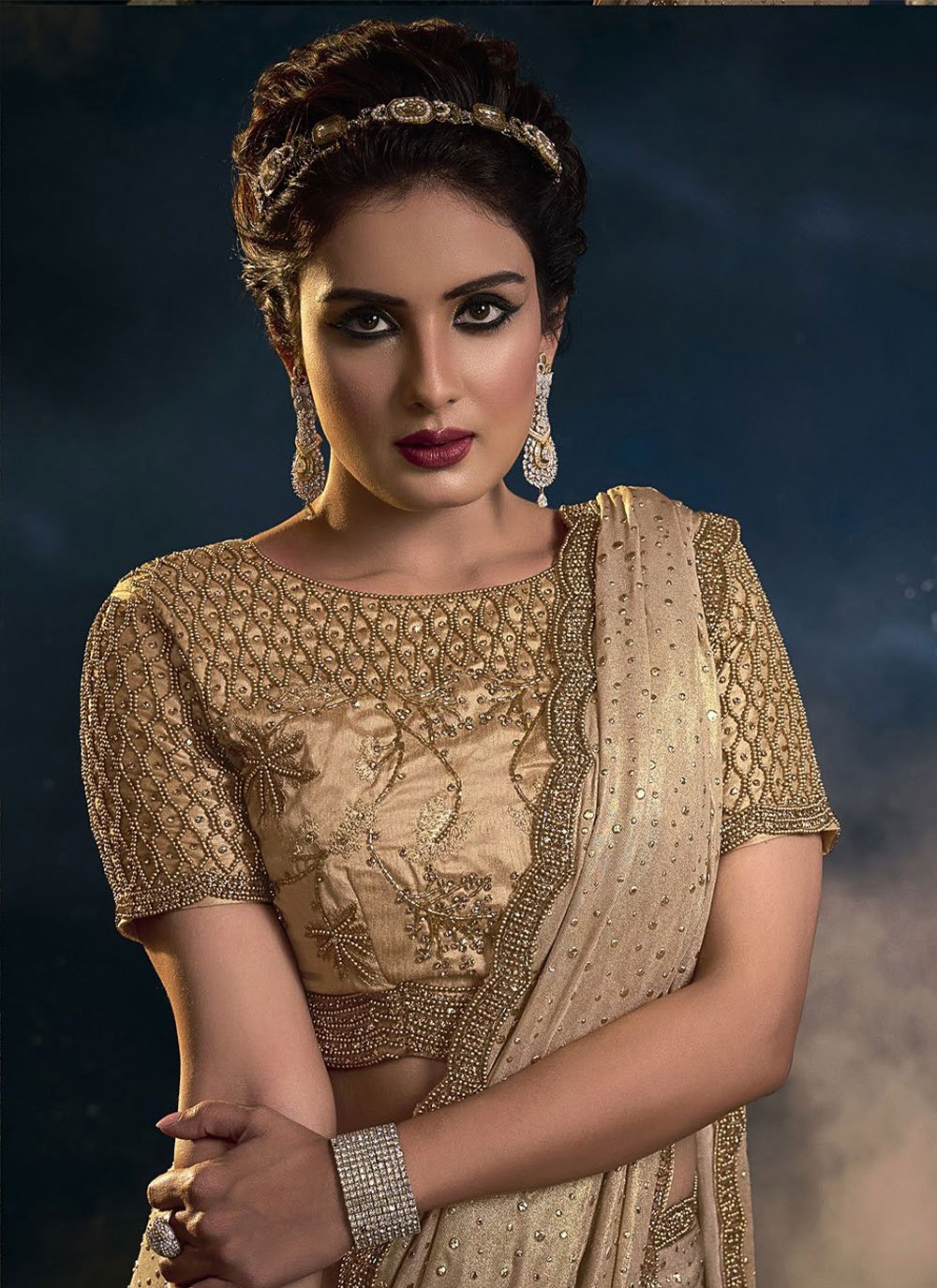 Shop Silk Sequins Brown Designer Saree Online : 237251