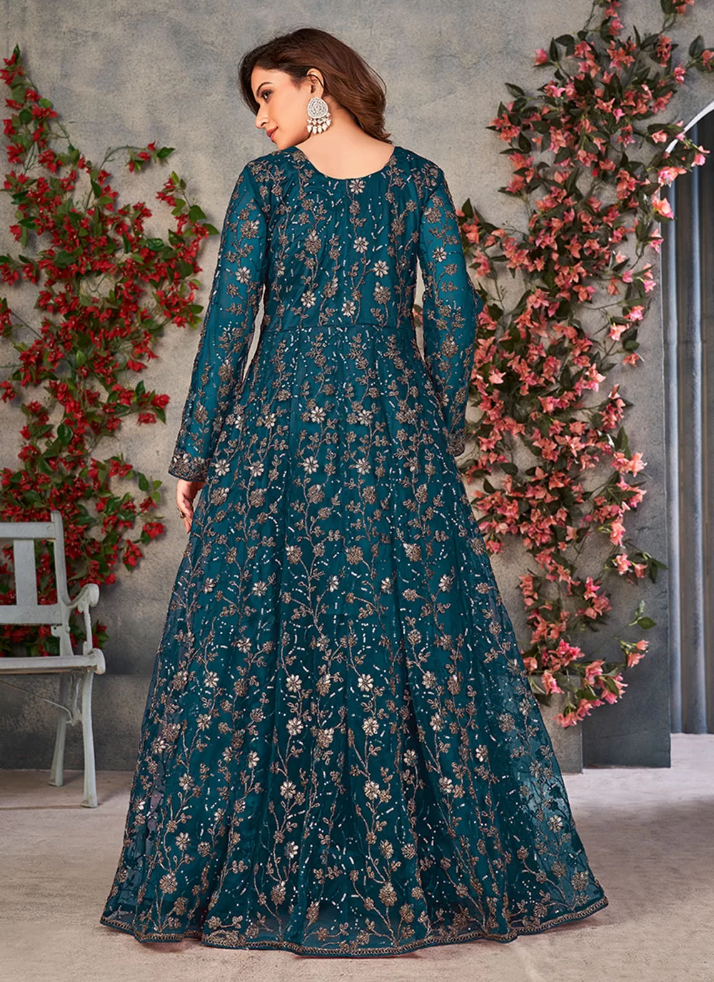 Shop Teal Net Designer Floor Length Salwar Suit Online : 232388 ...