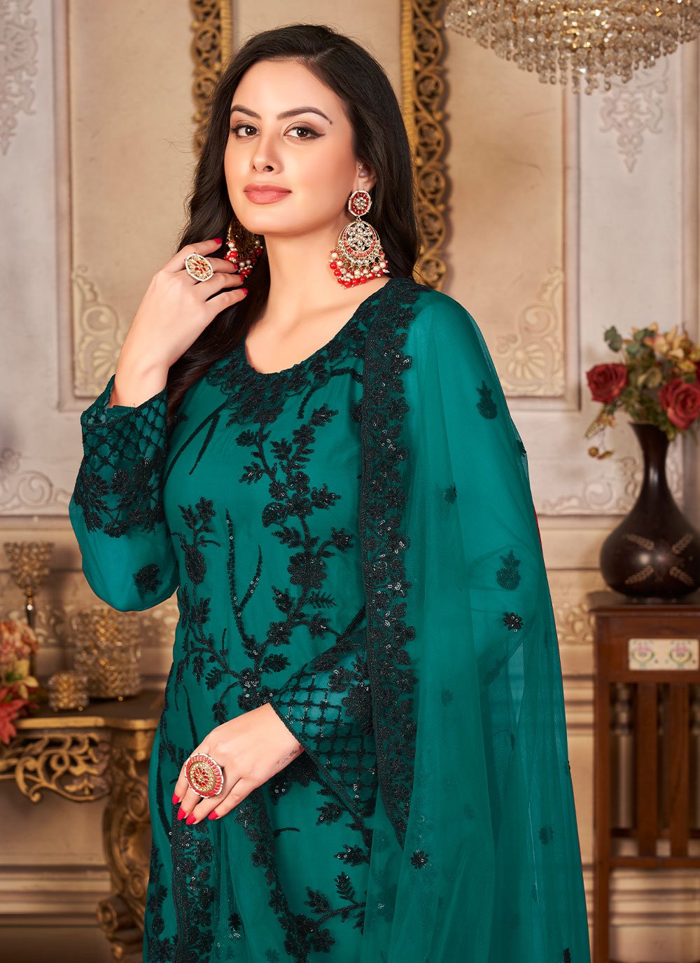 Buy Teal Net Salwar Suit Online