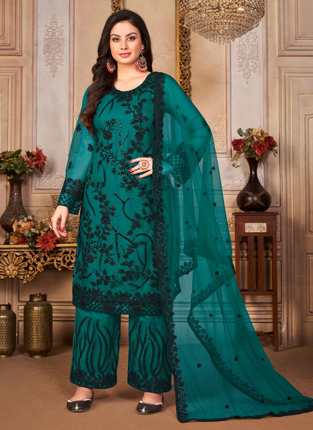Buy Teal Net Salwar Suit Online