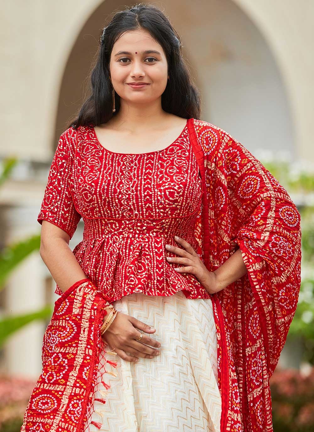 Buy White Bandhej Cotton Satin Designer Lehenga Choli Online