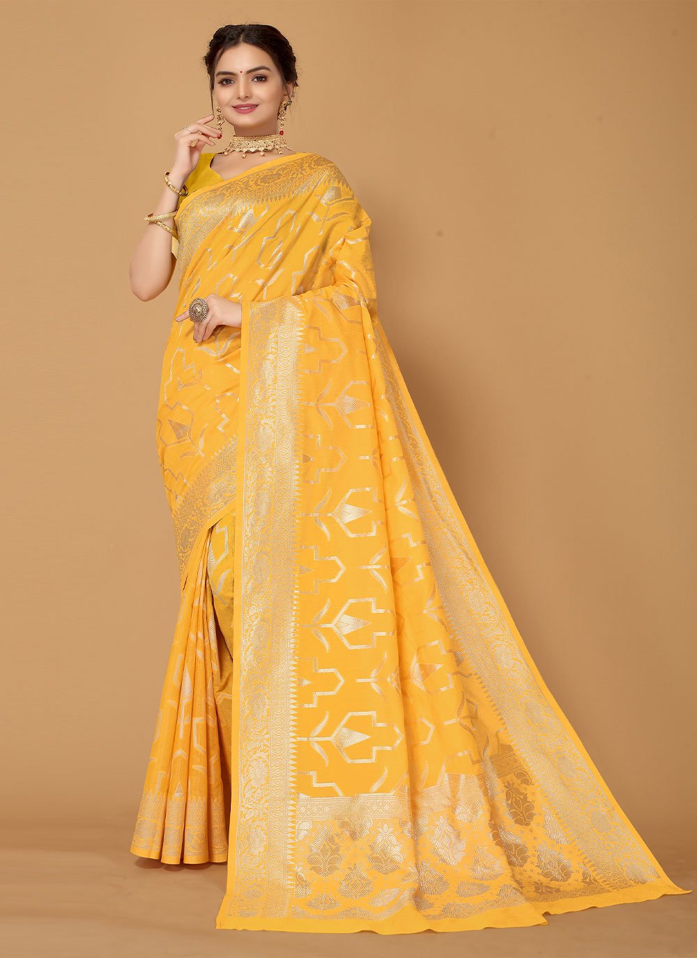 Buy Woven Blended Cotton Yellow Traditional Saree Online : 228608
