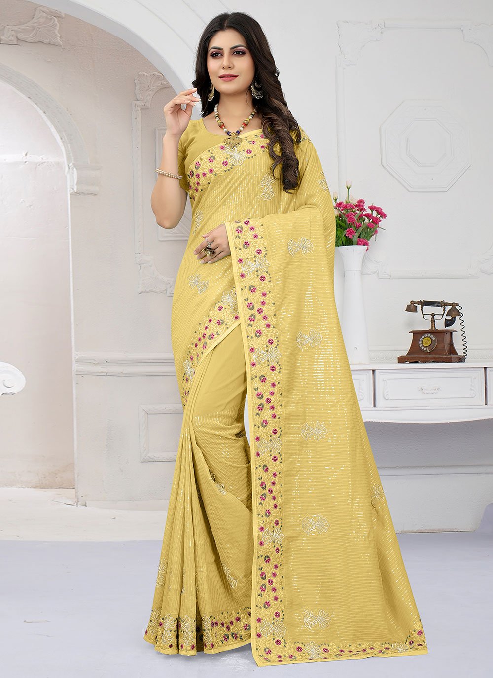 Buy Yellow Organza Ceremonial Saree : 239558