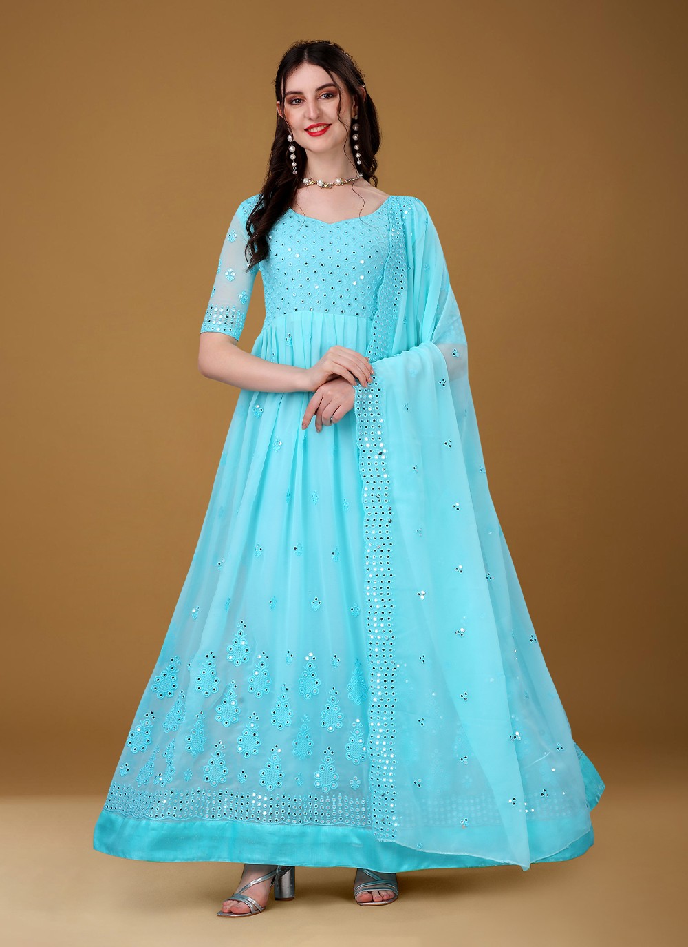 Shop Online Aqua Blue Embroidered Trendy Gown : 261880 - Gown
