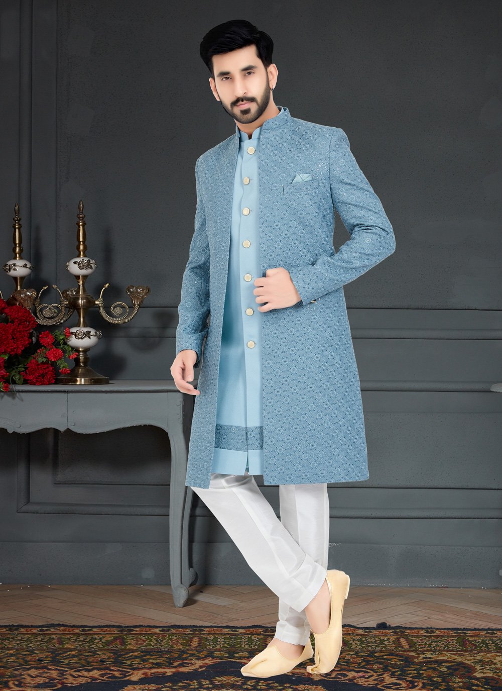 Buy Aqua Blue Fancy Fabric Engagement Indo Western Online : 252166