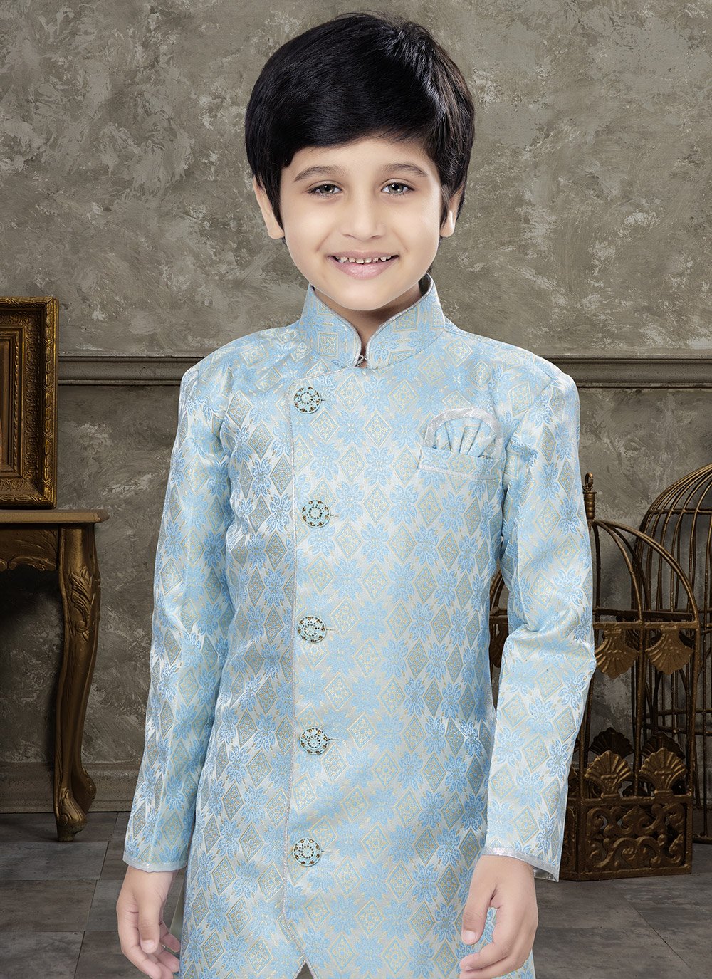 Buy Online Aqua Blue Fancy Work Indo Western Sherwani : 269054