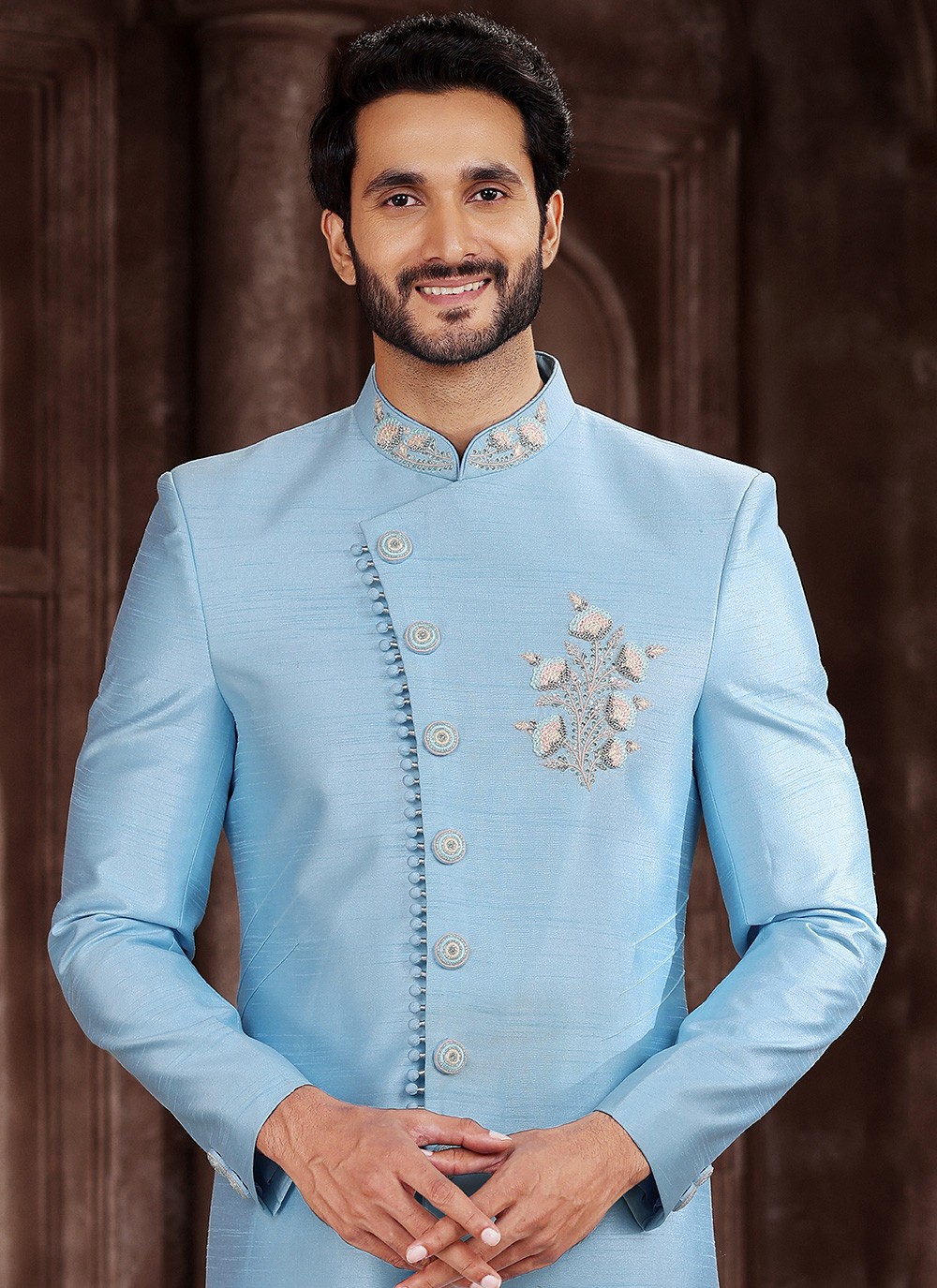 Buy Aqua Blue Mehndi Indo Western Sherwani : 263018