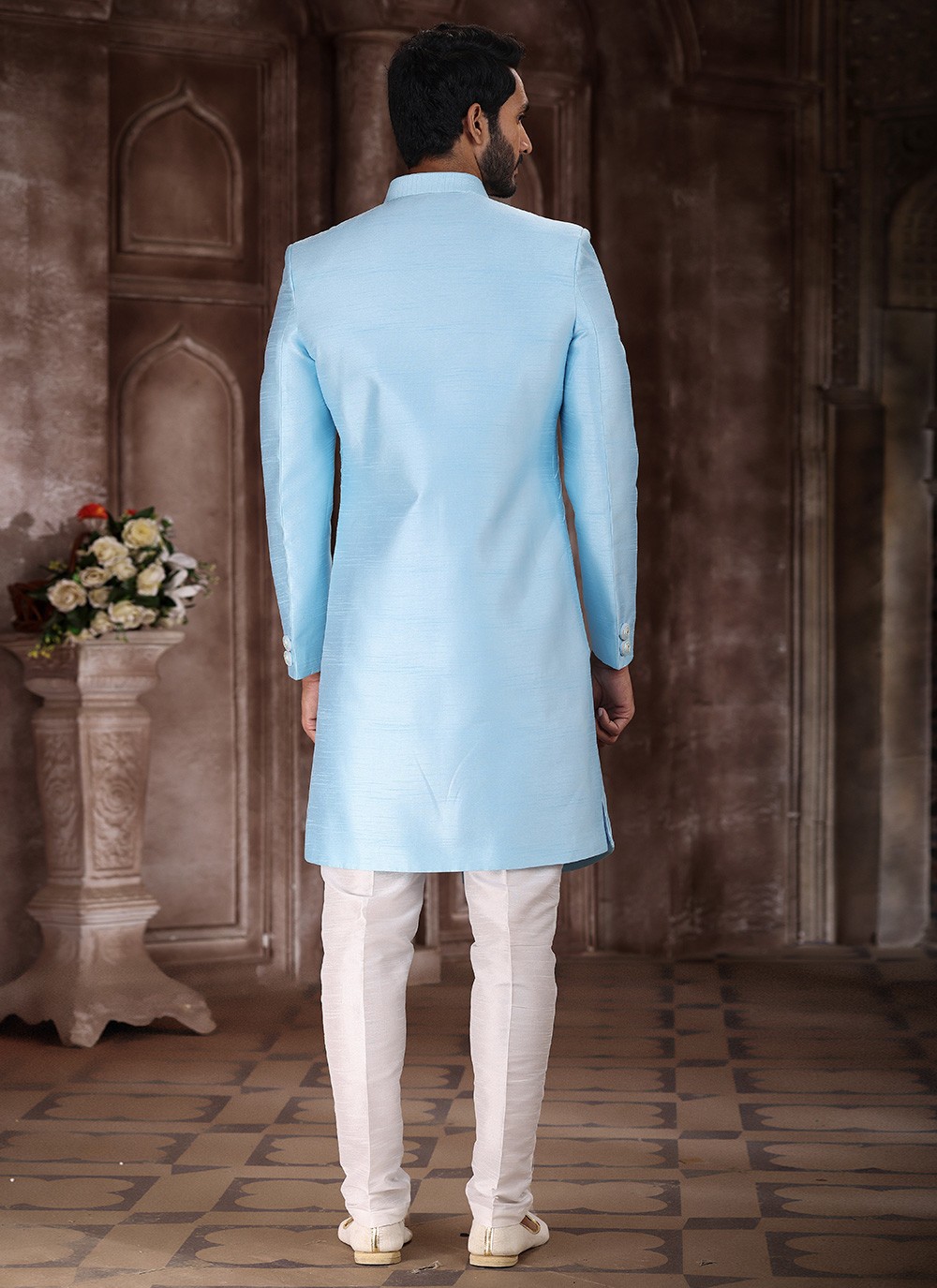 Buy Aqua Blue Mehndi Indo Western Sherwani : 263018