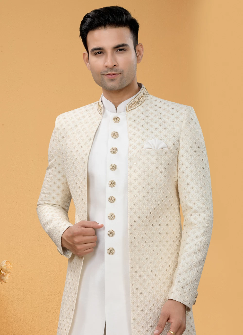 Buy Art Silk Cream and Off White Lucknowi work Indo Western Sherwani ...